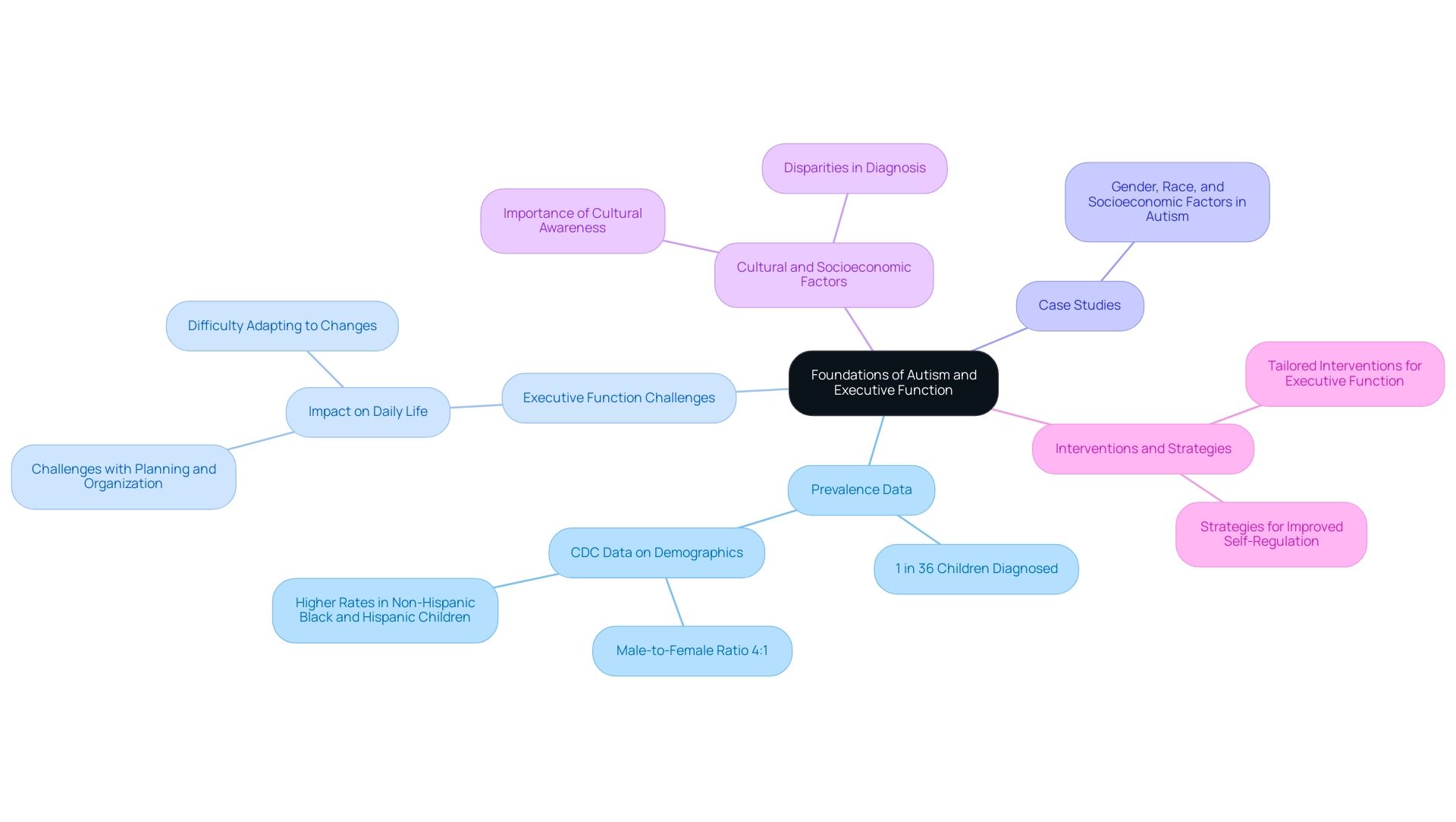 The central node represents the overall theme, with branches showing key areas of discussion related to autism and executive function.