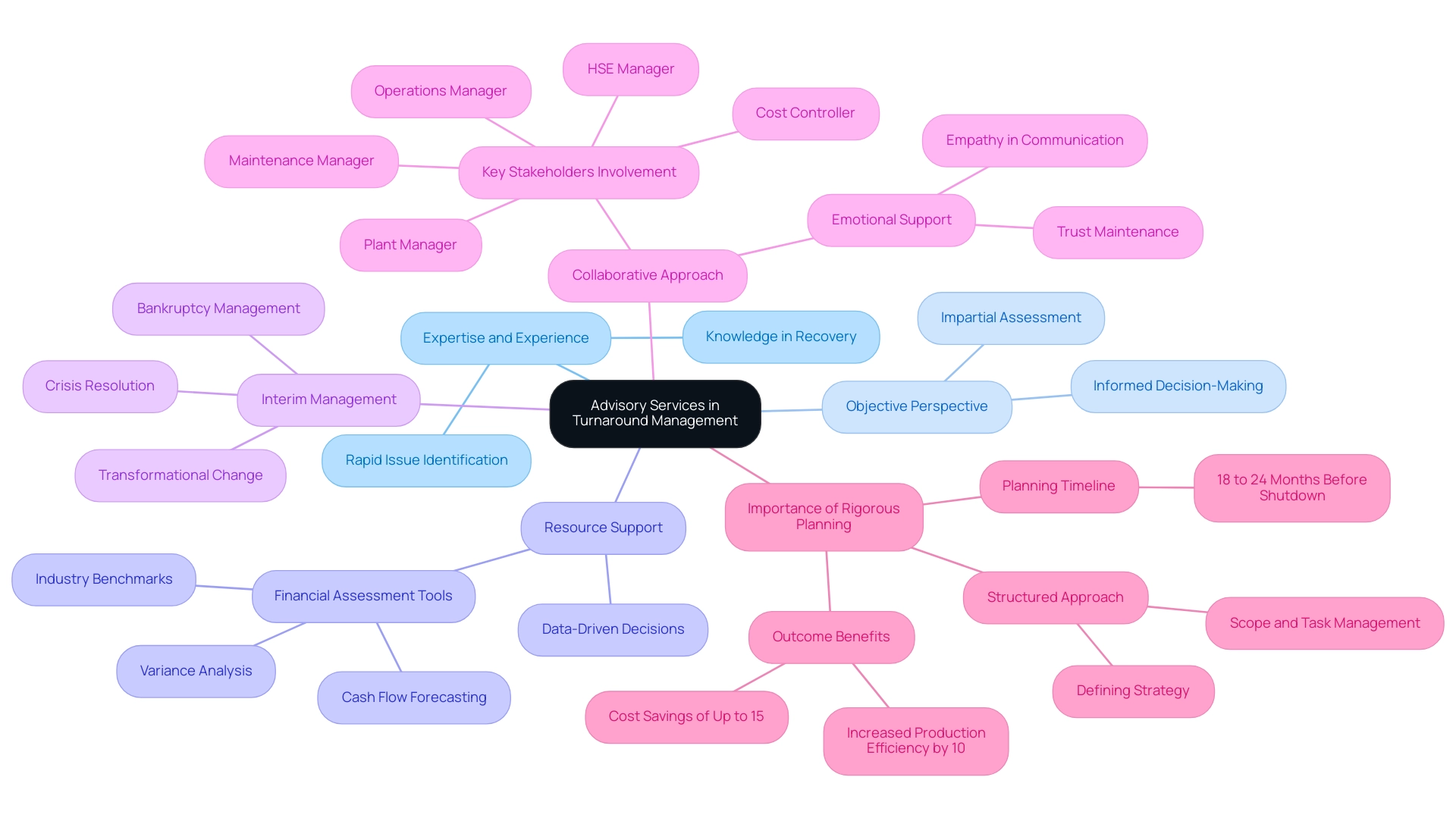 The central node represents advisory services, with branches showing main contributions and subcategories related to turnaround management.