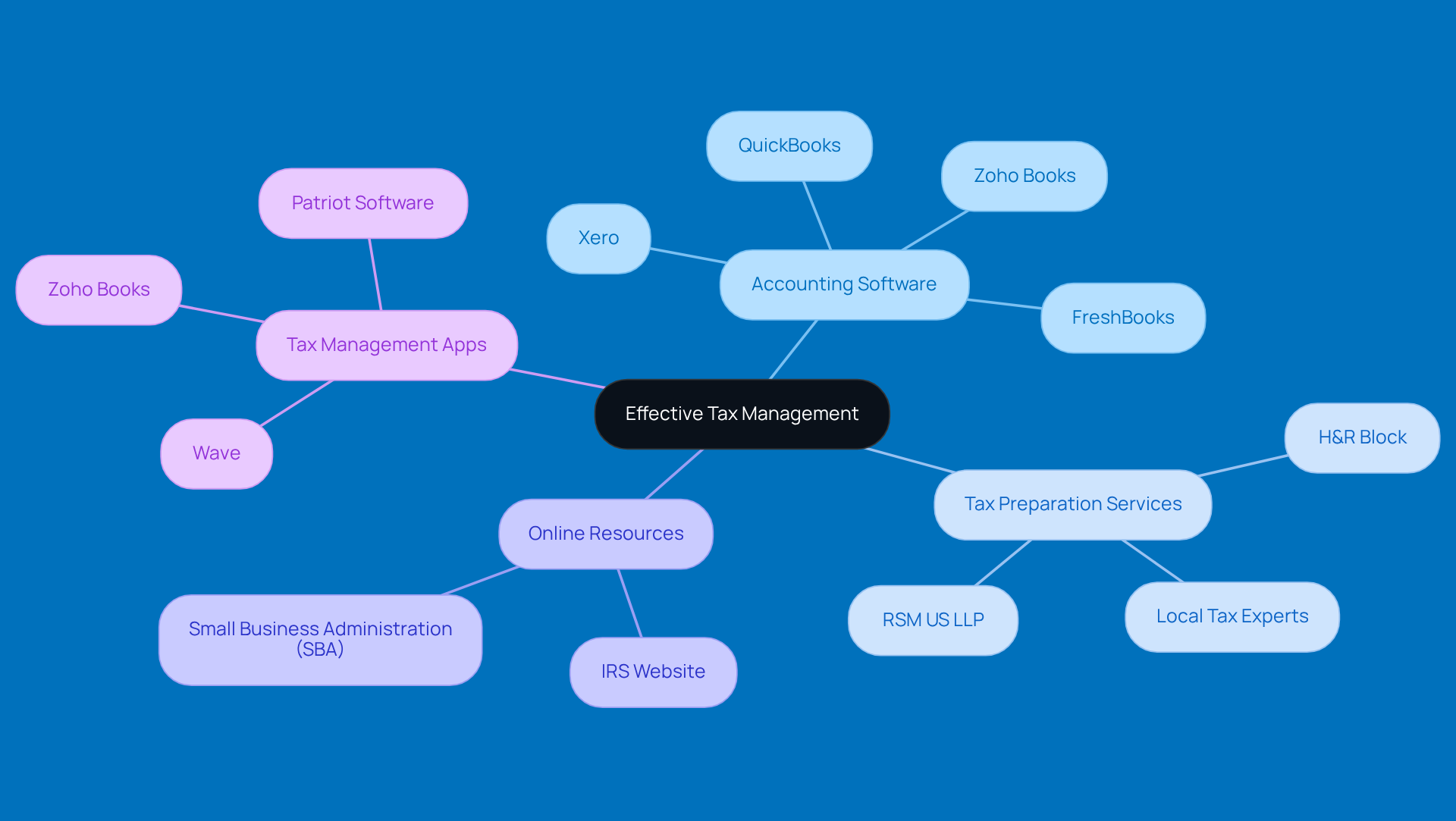 The center represents the main topic of tax management, while the branches show different categories of tools and resources. Each sub-branch provides specific examples or benefits, helping you understand how to enhance your tax management strategy.