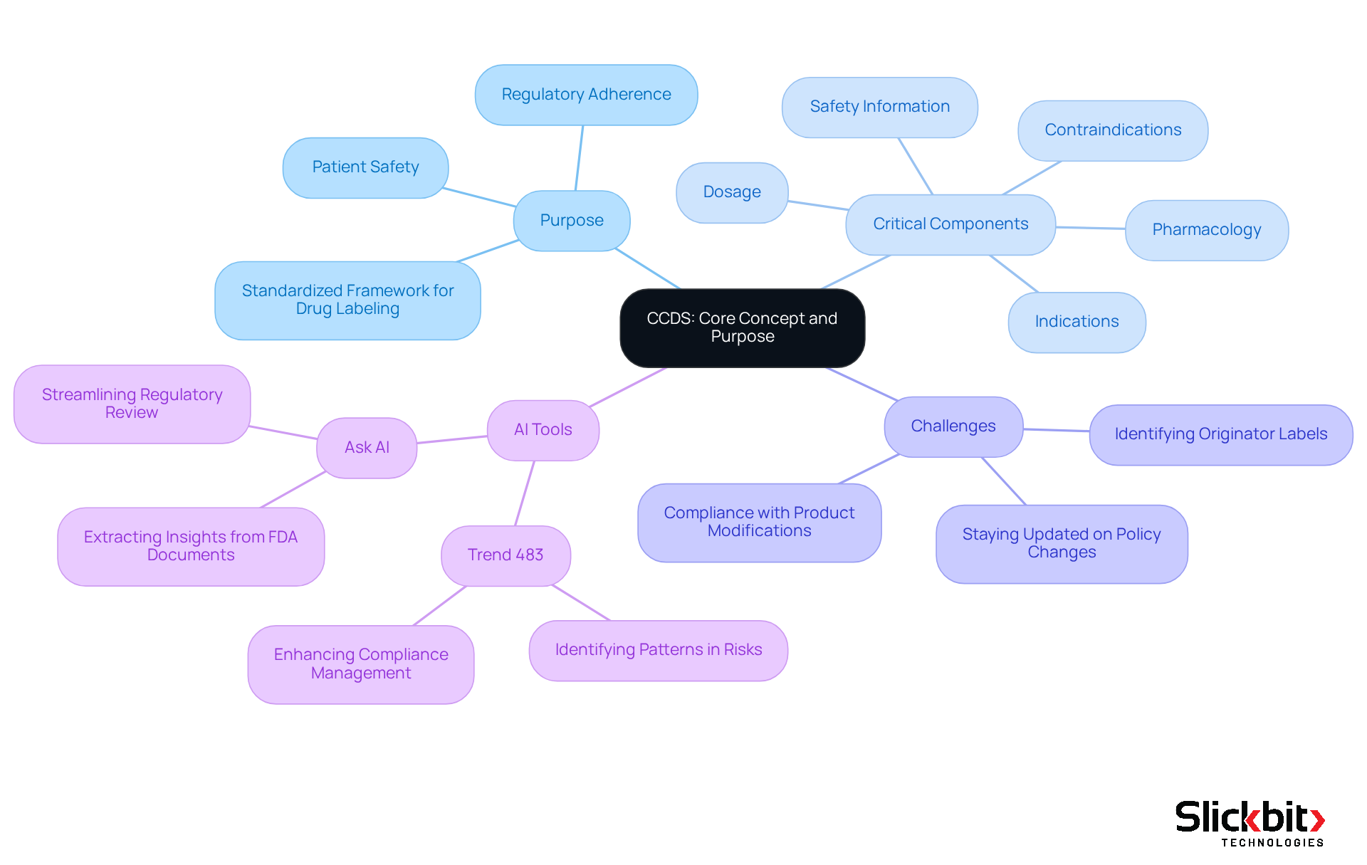 The central node represents the CCDS, and branches show its purpose and key components. Each area highlights critical aspects that contribute to its importance in the pharmaceutical industry.