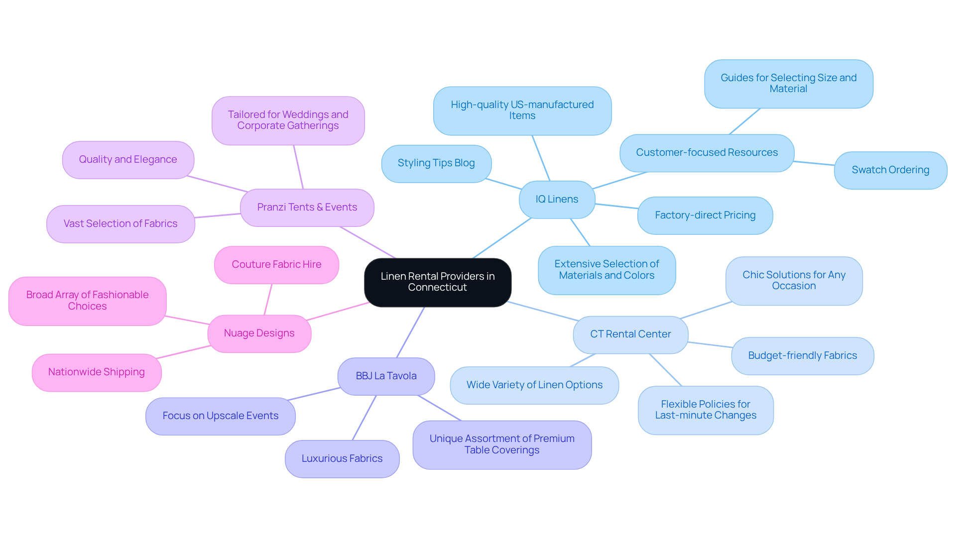 The central node represents the main topic, while each branch shows a different provider. Sub-branches highlight what makes each provider unique, helping you quickly understand their offerings.
