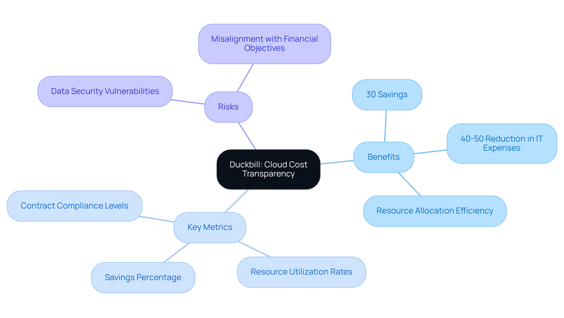 Start at the center with Duckbill's solutions, then explore the branches to see the benefits, metrics for evaluation, and potential risks. Each branch represents a key aspect of understanding cloud cost transparency.