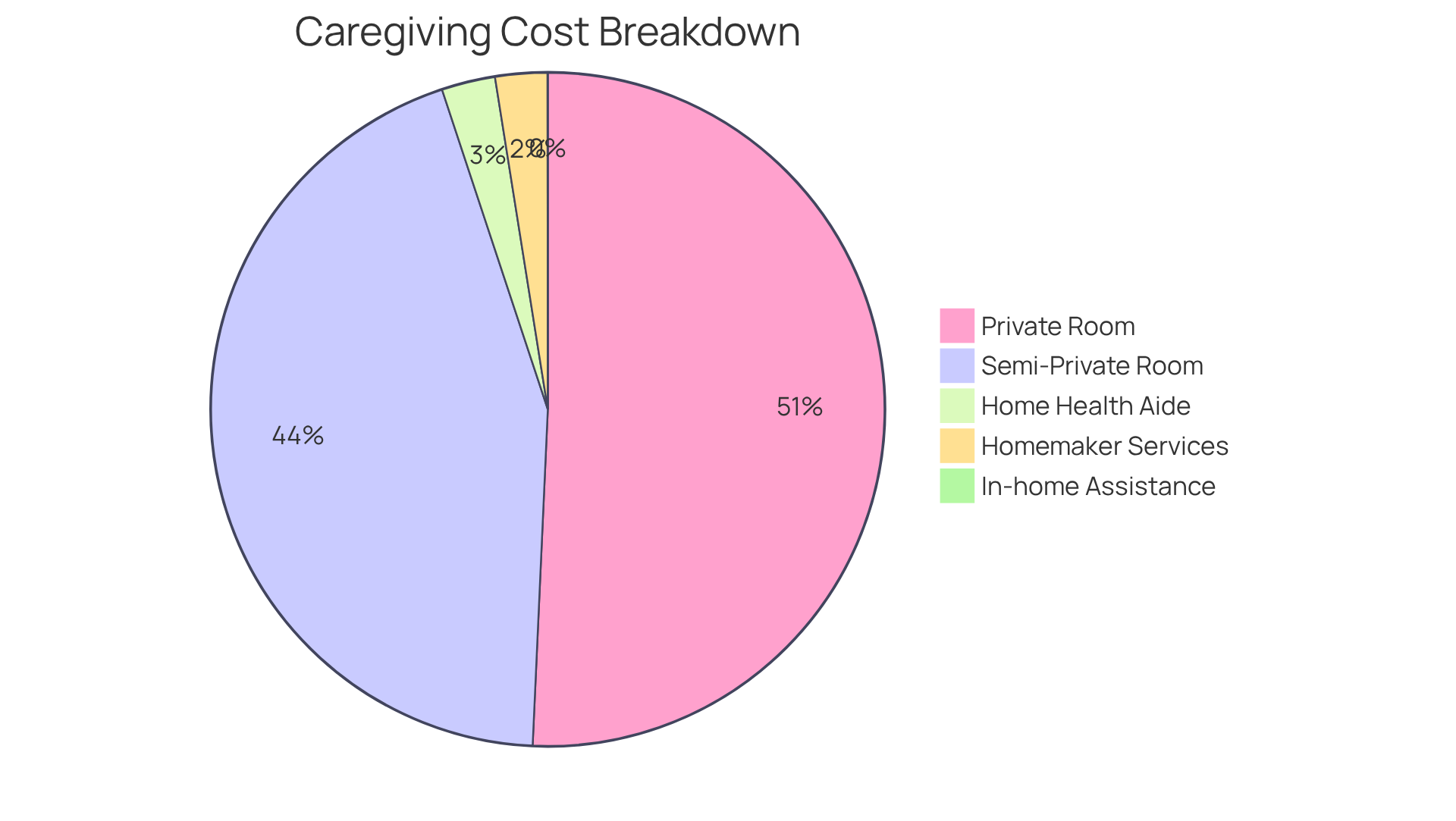 Each segment of the pie shows a different type of care cost. The larger the segment, the more significant that cost is in the overall picture of caregiving expenses.