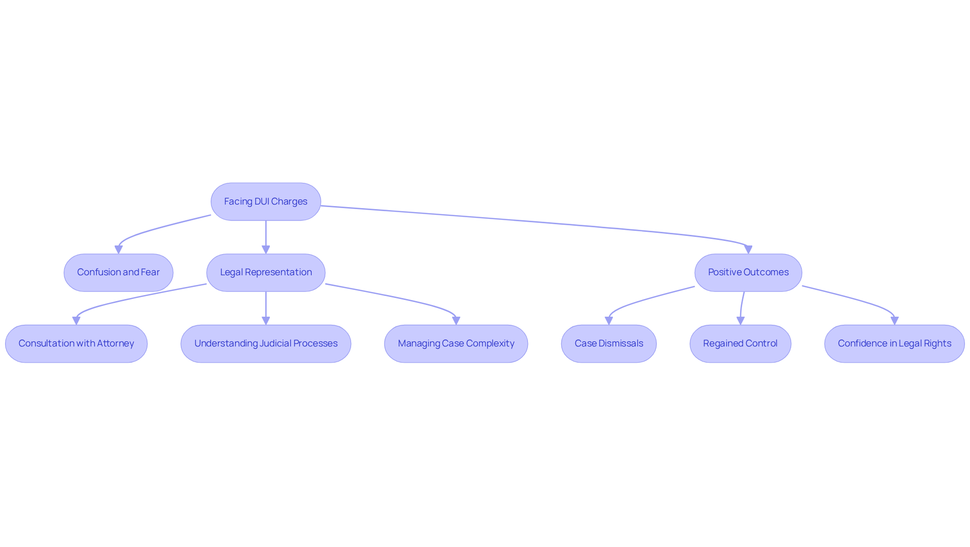 This flowchart illustrates the journey of a client facing DUI charges. It starts with the initial feelings of confusion and fear, moves through the process of obtaining legal representation, and ends with the positive outcomes that can result from effective legal support. This flowchart illustrates the journey of a client facing DUI charges. It starts with the initial feelings of confusion and fear, moves through the process of obtaining legal representation, and ends with the positive outcomes that can result from effective legal support.