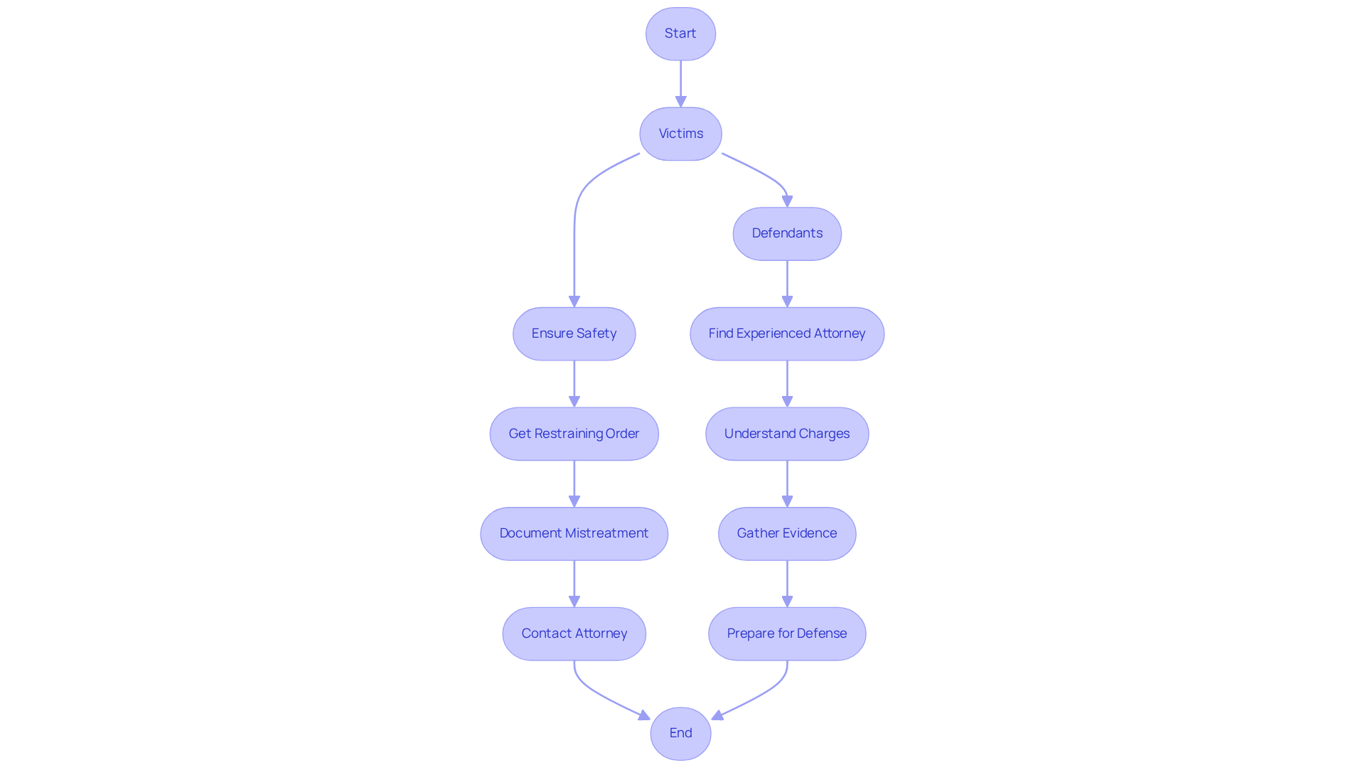 This flowchart shows the important steps that victims and defendants should take. Follow the arrows to see what actions to consider for safety and legal preparation.
