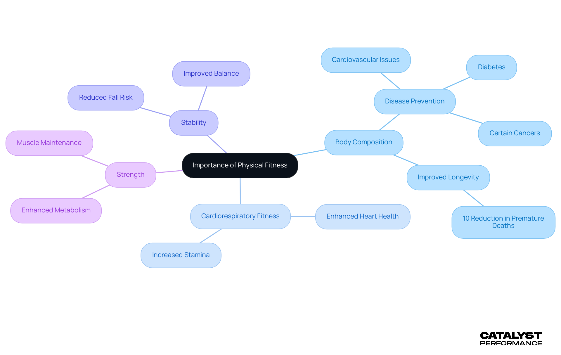 The central node represents the overall importance of physical fitness, while the branches show the foundational pillars and their associated benefits. Each color-coded branch helps you see how different aspects of fitness contribute to a healthier, happier life.