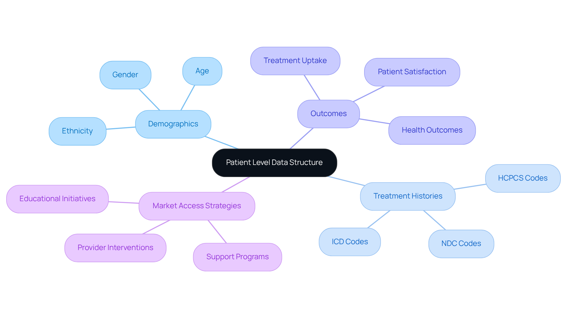 The central node represents the overall concept of patient level data. Each branch shows a key category, and the sub-branches provide more detailed information. This layout helps you see how different aspects of patient data connect and influence market access strategies.