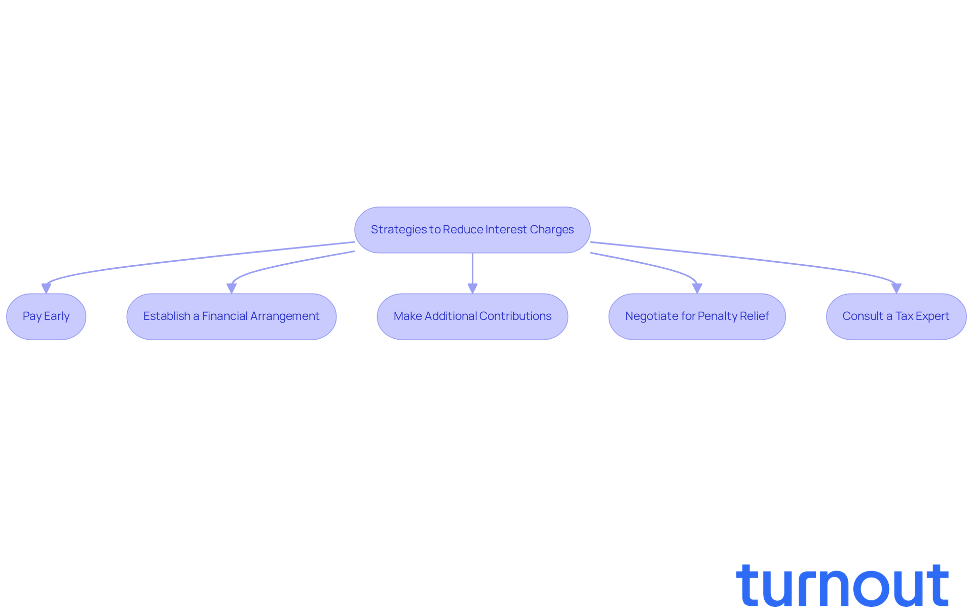 Each box represents a strategy you can use to lower your tax interest charges. Follow the arrows to see the steps you can take to manage your tax debt effectively.