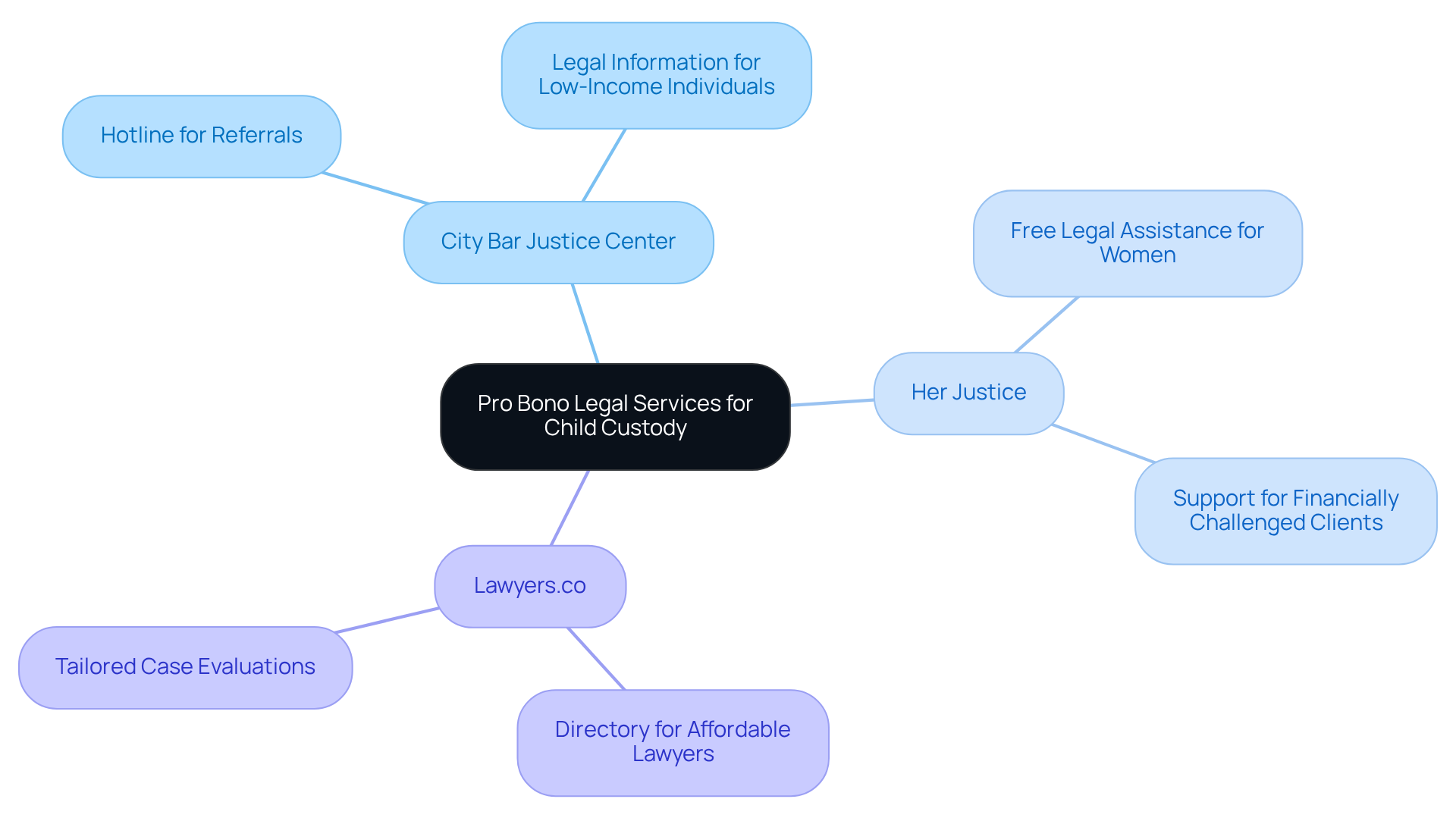 The center represents the main topic of pro bono legal services, while the branches show different organizations and their specific contributions. Each color-coded branch helps you identify which organization provides which type of support.