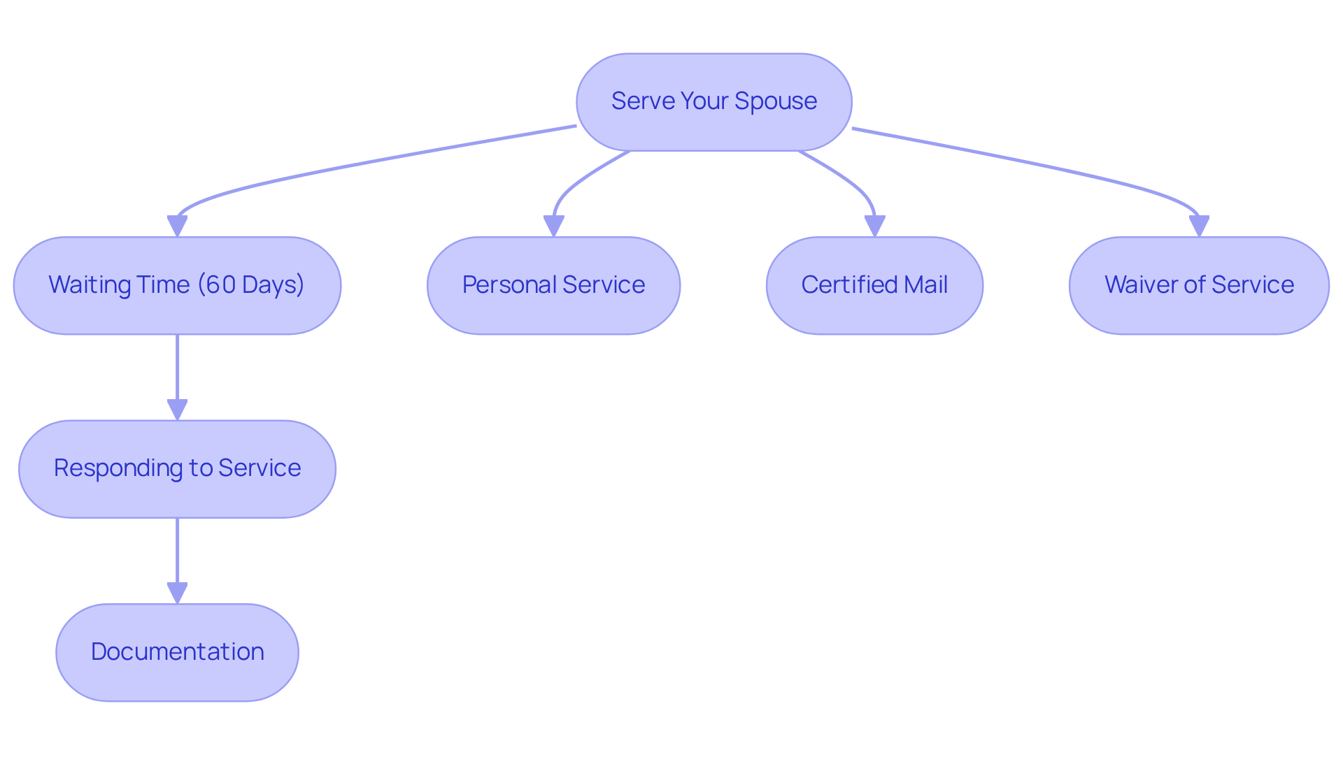 This flowchart outlines the steps you need to take after filing for divorce. Each box represents a key action, and the arrows show the order in which you should complete them. Follow the flow to ensure you understand what to do next!