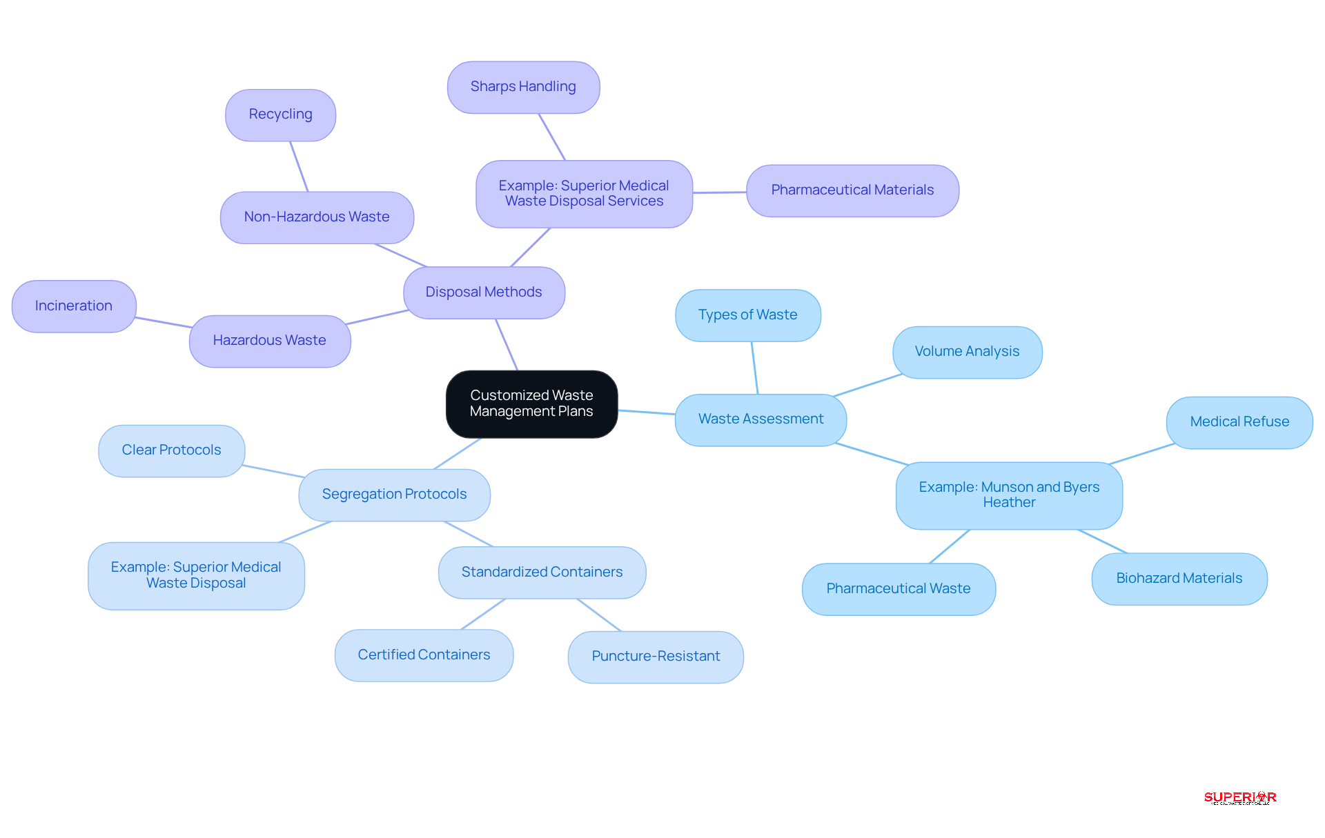 The center represents the overall strategy, while the branches show the key components of waste management. Each sub-branch provides additional details and examples, helping you understand how each part contributes to effective waste management.