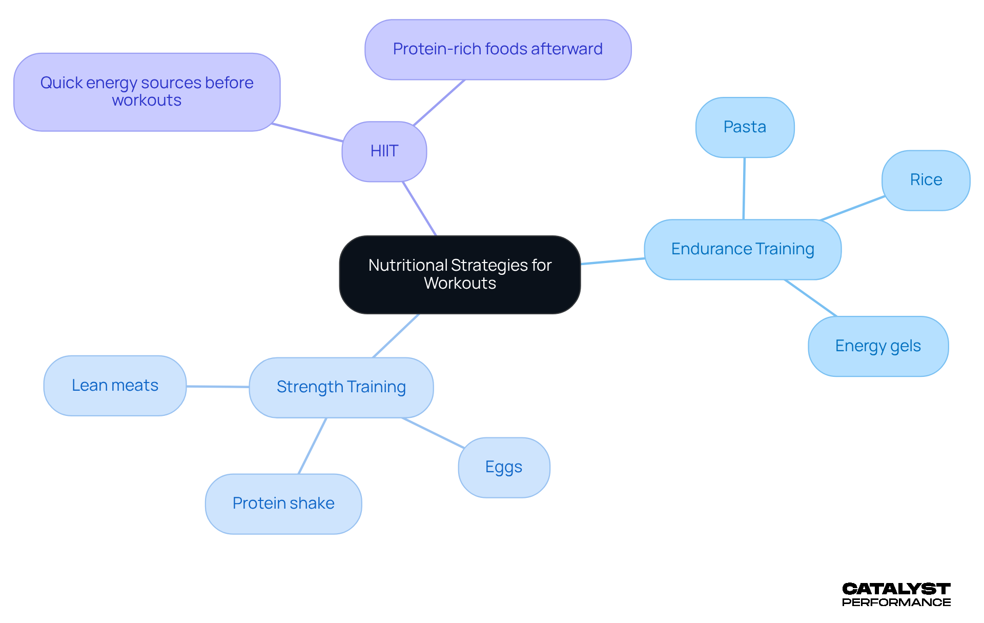 This mindmap shows how different workout types require specific nutritional strategies. Each branch represents a workout type, and the sub-branches list the recommended foods to fuel your performance and recovery. This mindmap shows how different workout types require specific nutritional strategies. Each branch represents a workout type, and the sub-branches list the recommended foods to fuel your performance and recovery.