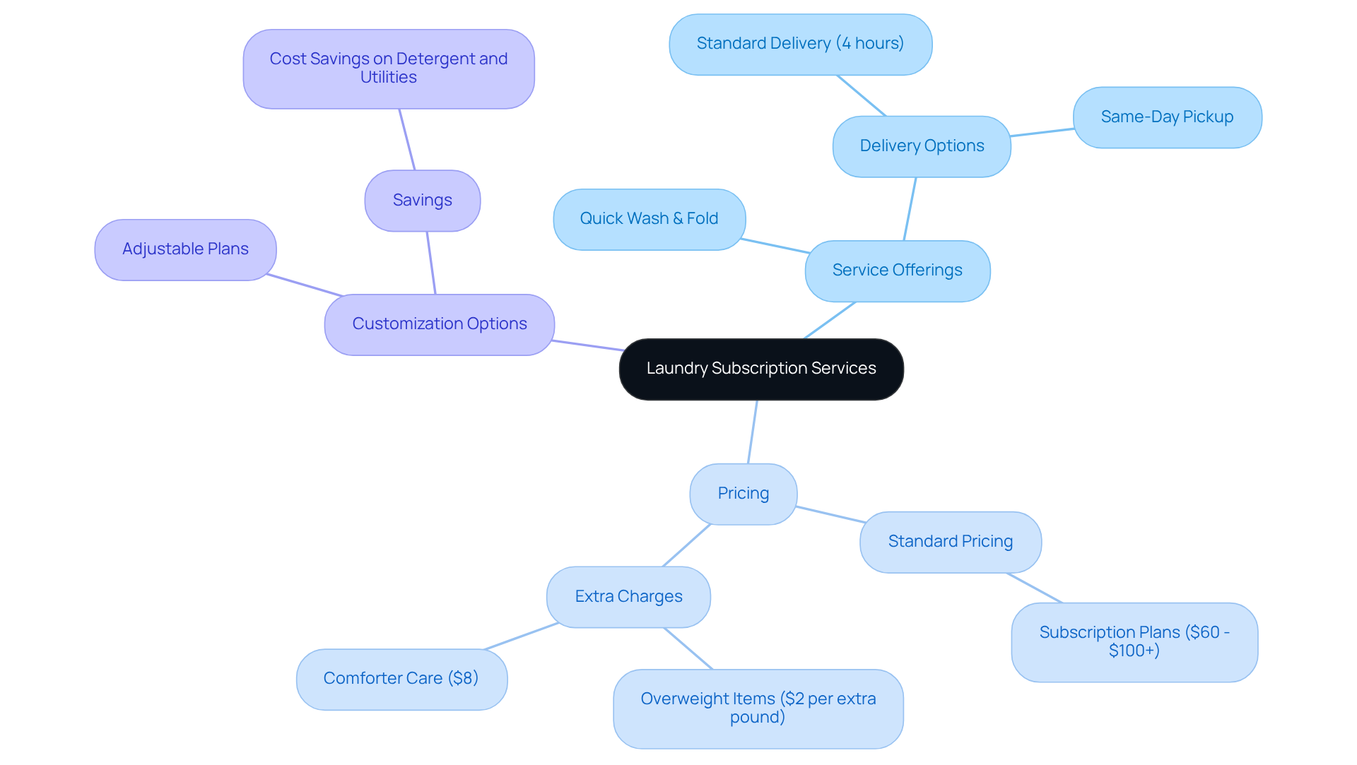 Start at the center with the main topic of laundry subscription services, then explore the branches to see the different offerings, pricing details, and how you can customize your service. Start at the center with the main topic of laundry subscription services, then explore the branches to see the different offerings, pricing details, and how you can customize your service.