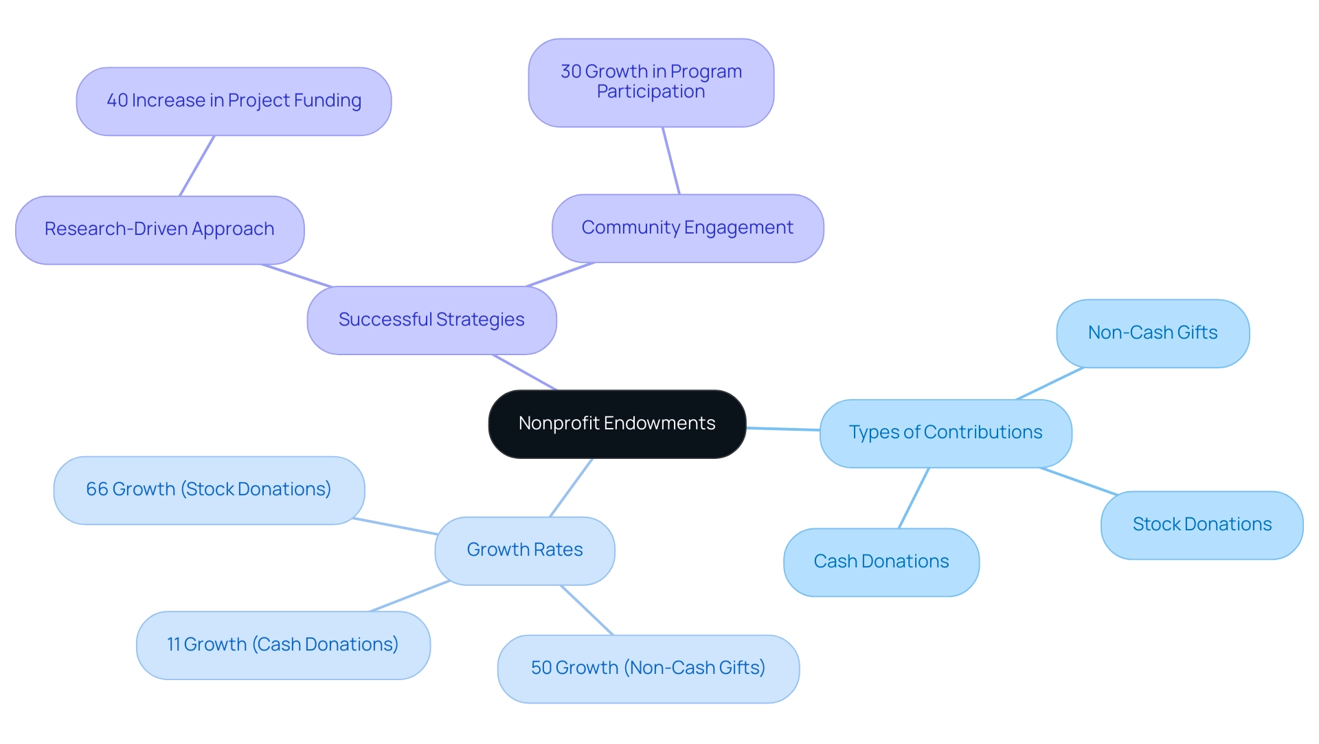 The central node represents non-profit endowments, with branches illustrating types of contributions, their growth rates, and successful funding strategies. The central node represents non-profit endowments, with branches illustrating types of contributions, their growth rates, and successful funding strategies.