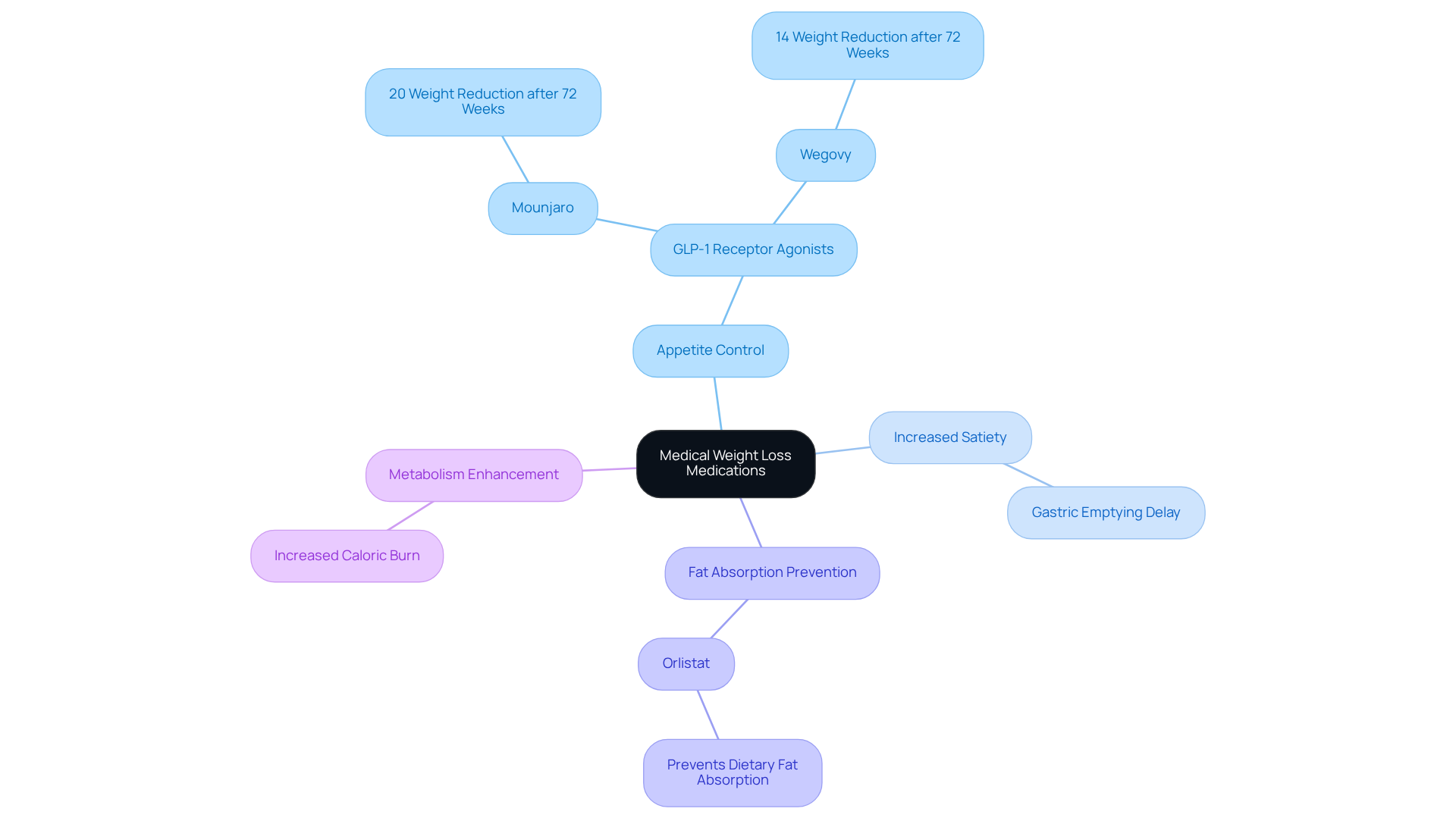 The central node represents the overall topic of medical weight loss medications. Each branch shows a different mechanism by which these medications work, helping you understand how they contribute to weight management.