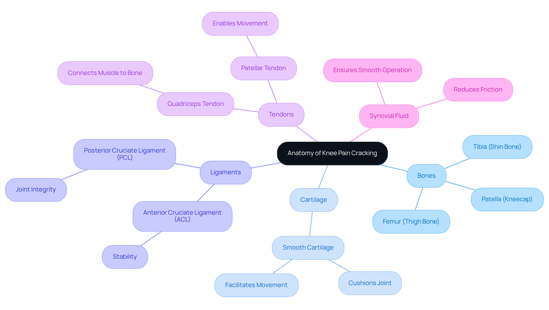 This mindmap illustrates the key components of the knee joint and their roles in pain and movement. Each branch represents a different part of the knee, showing how they connect and contribute to overall joint health. Follow the branches to see how each element relates to knee pain and the importance of understanding this anatomy.