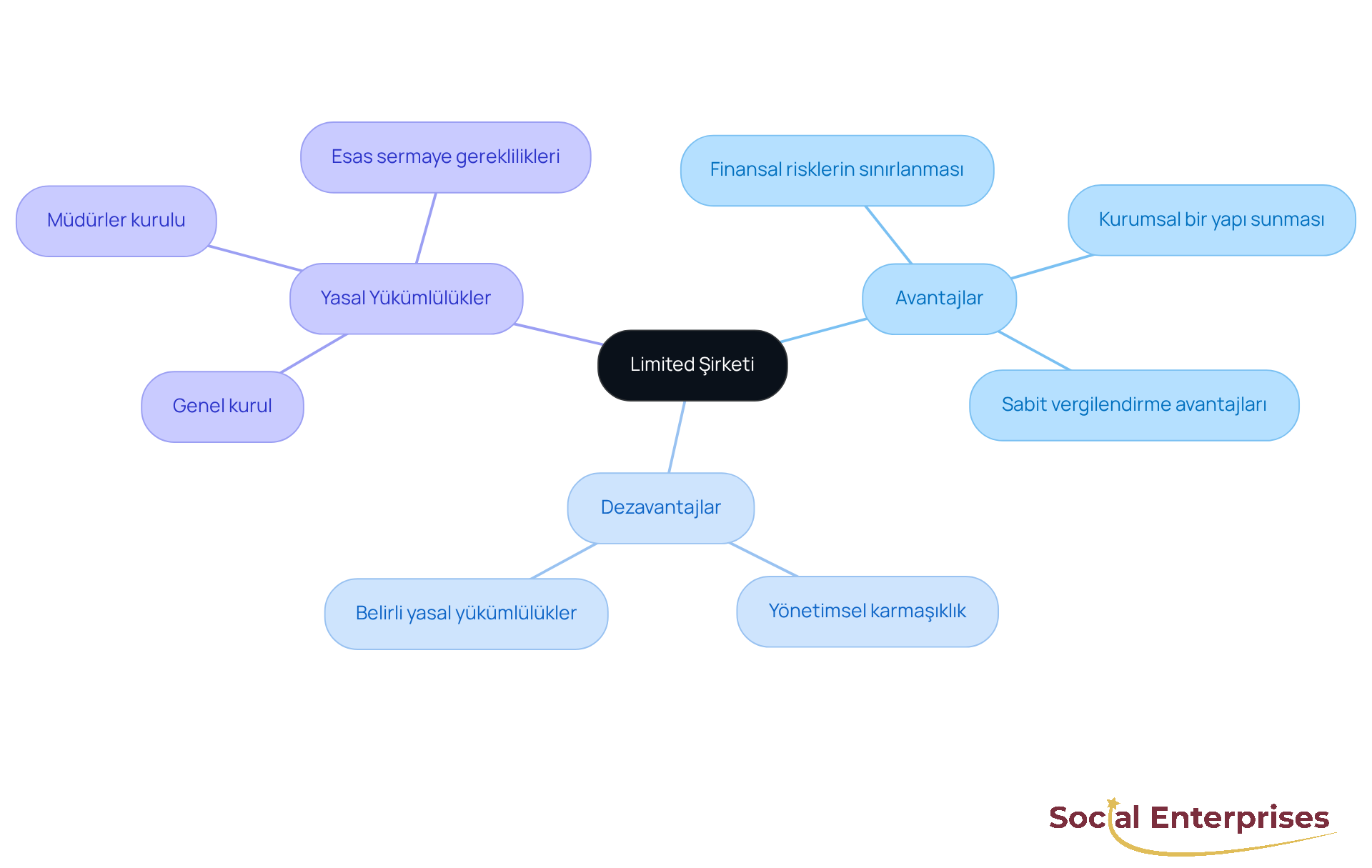 Merkezde 'Limited Şirketi' var. Dalları takip ederek avantajları, dezavantajları ve yasal yükümlülükleri keşfedebilirsiniz. Her dal, farklı bir konuyu temsil ediyor.