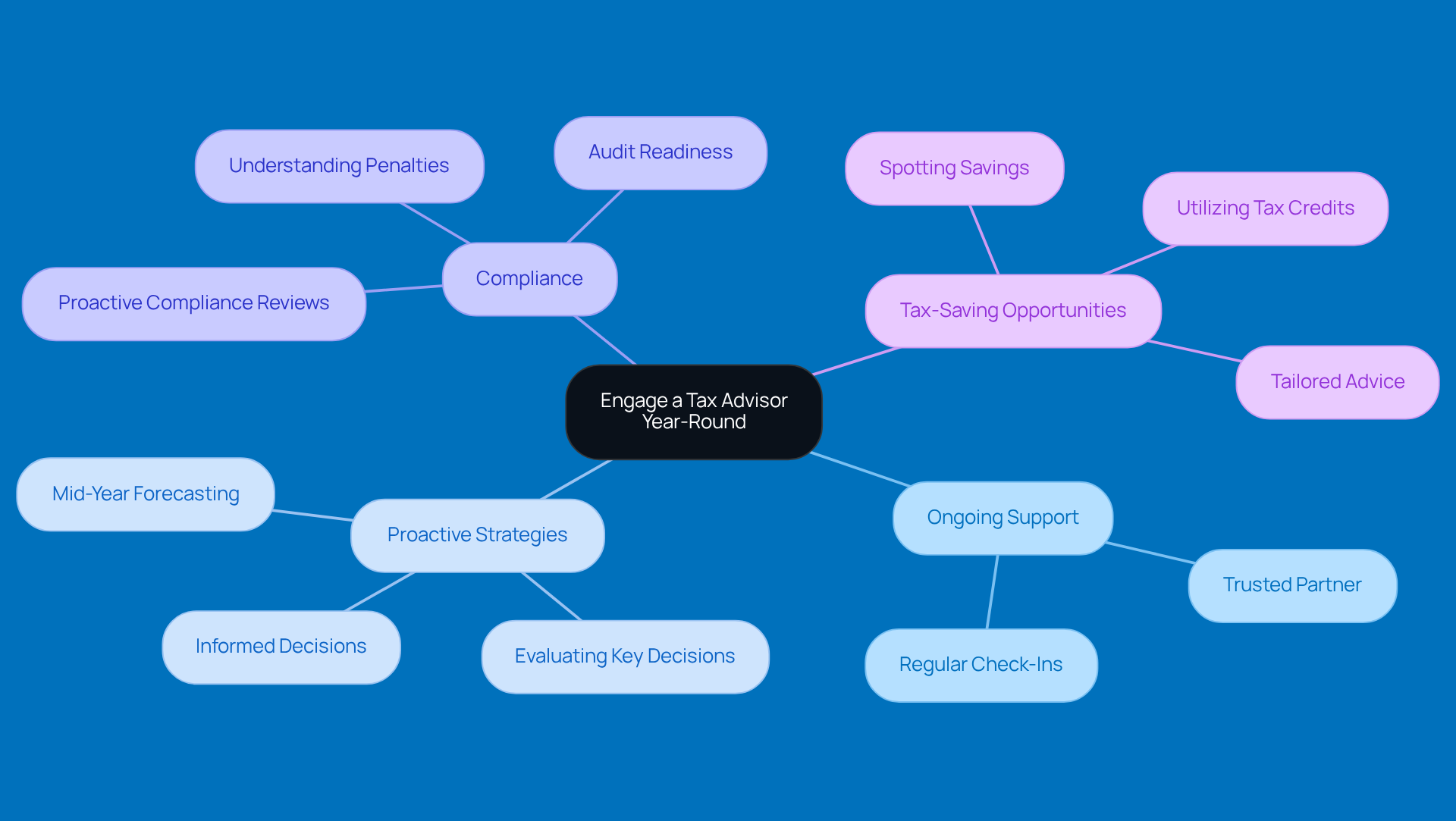 The central node represents the main idea of engaging a tax advisor. Each branch shows a key benefit or strategy, and the sub-branches provide more details. This layout helps you see how everything connects and why having a tax advisor is beneficial for your business.
