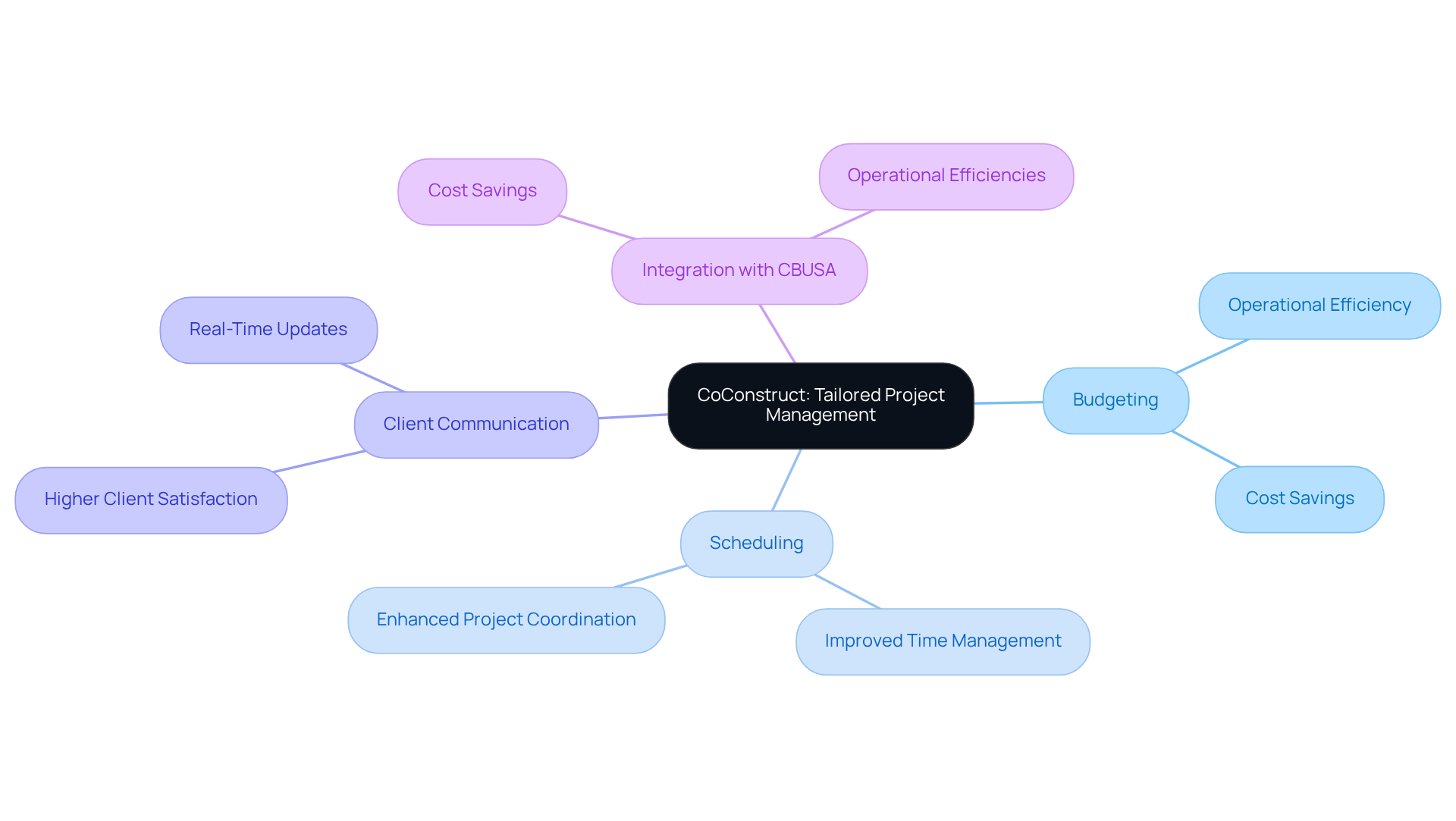 The center represents CoConstruct, with branches showing its features and how they benefit builders. Each color-coded branch helps you see the connections and understand the software's value.