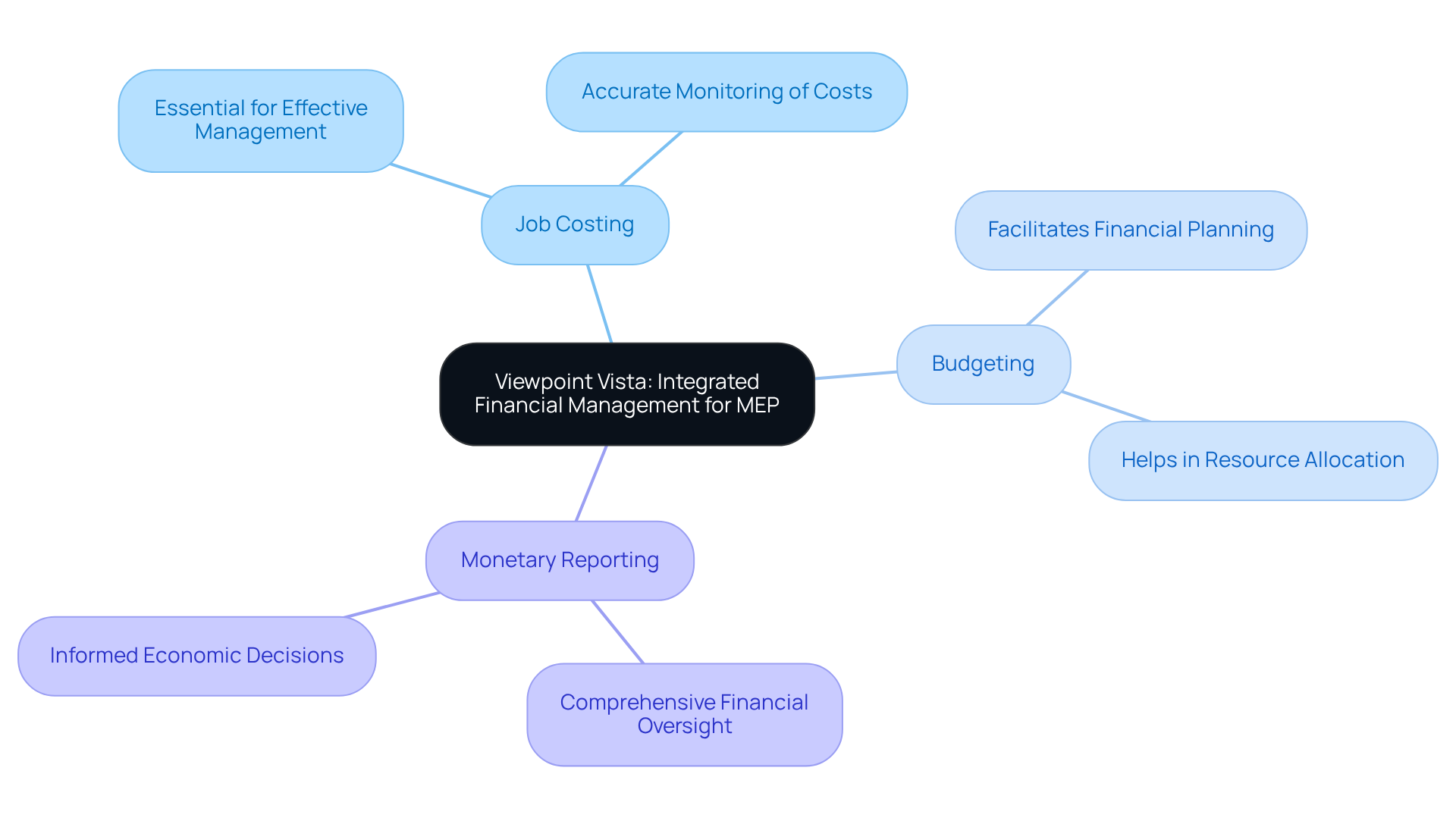 The center represents the main solution, and the branches show its key features and their significance in managing finances for MEP projects.
