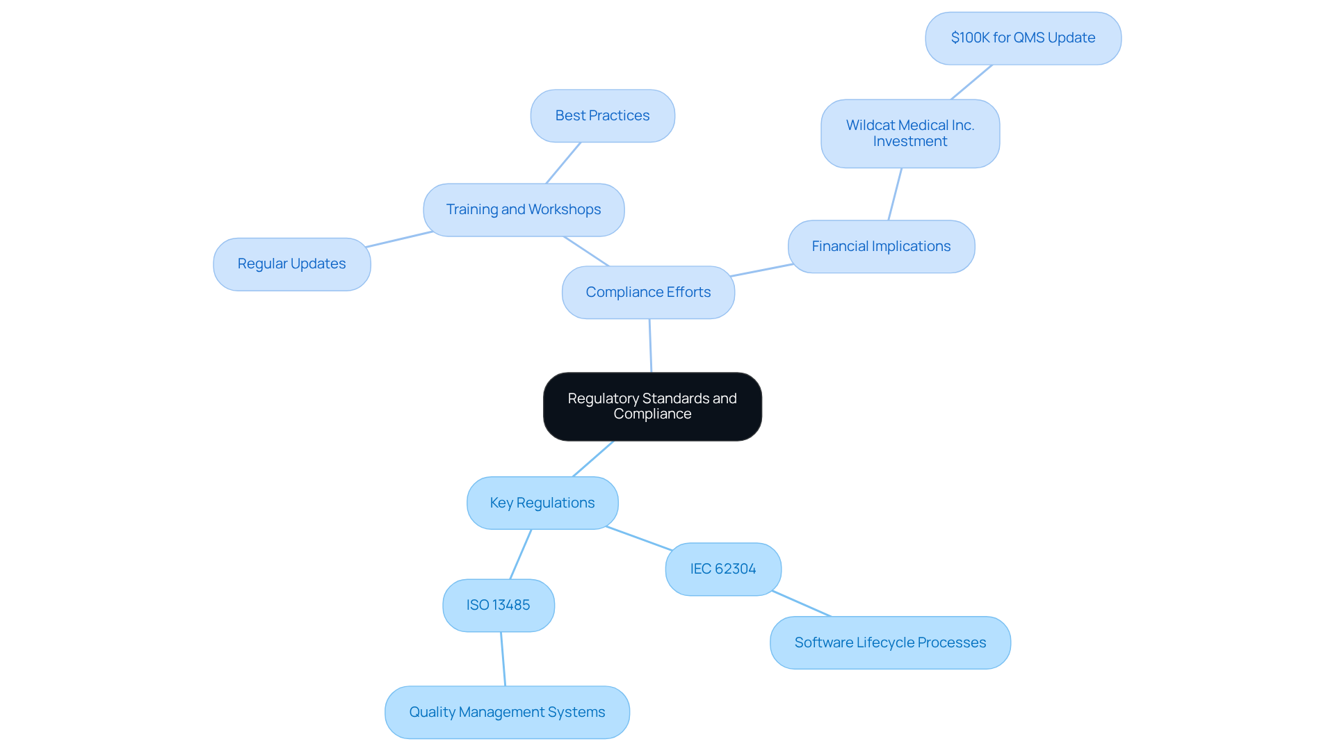 The center represents the main topic of regulatory standards. The branches show key regulations and compliance efforts, helping you see how they connect and why they matter in the development process.