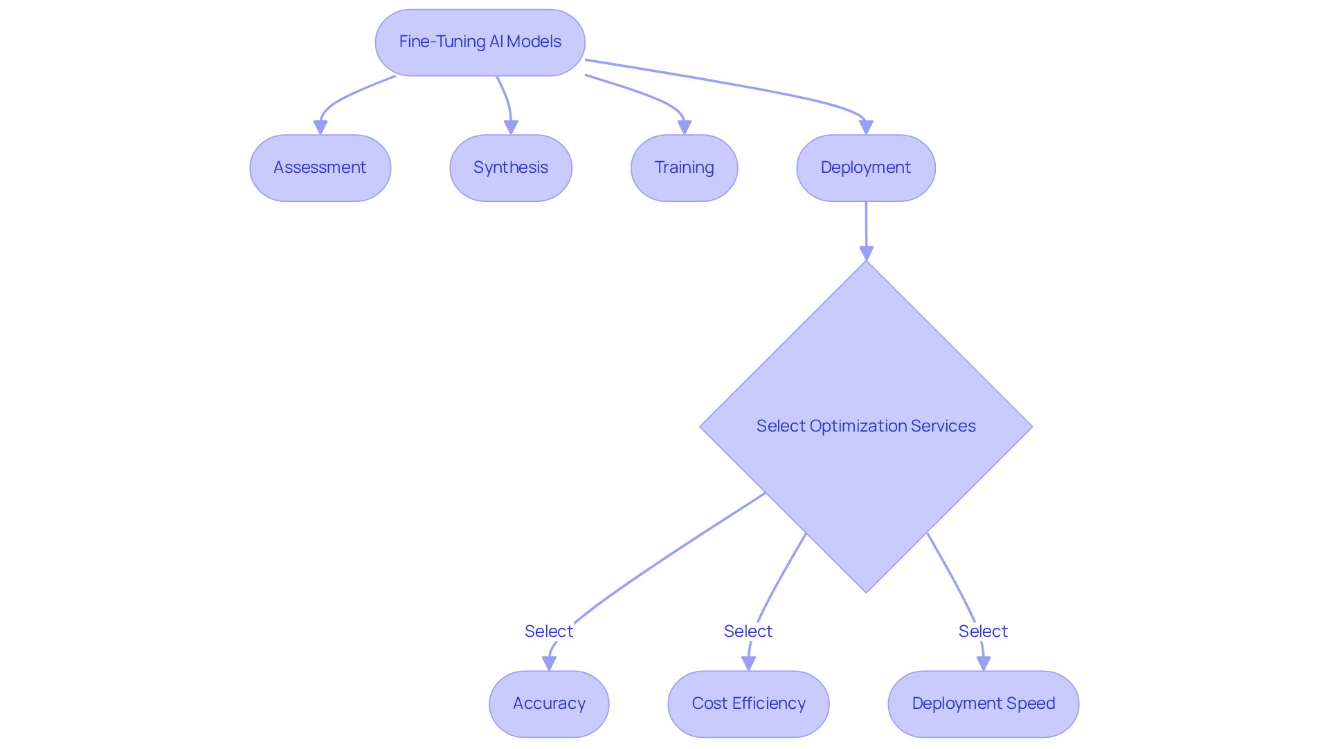 Follow the arrows to see the steps in fine-tuning AI models. Each box represents a stage in the process, and the decision box shows key metrics to consider when selecting optimization services.