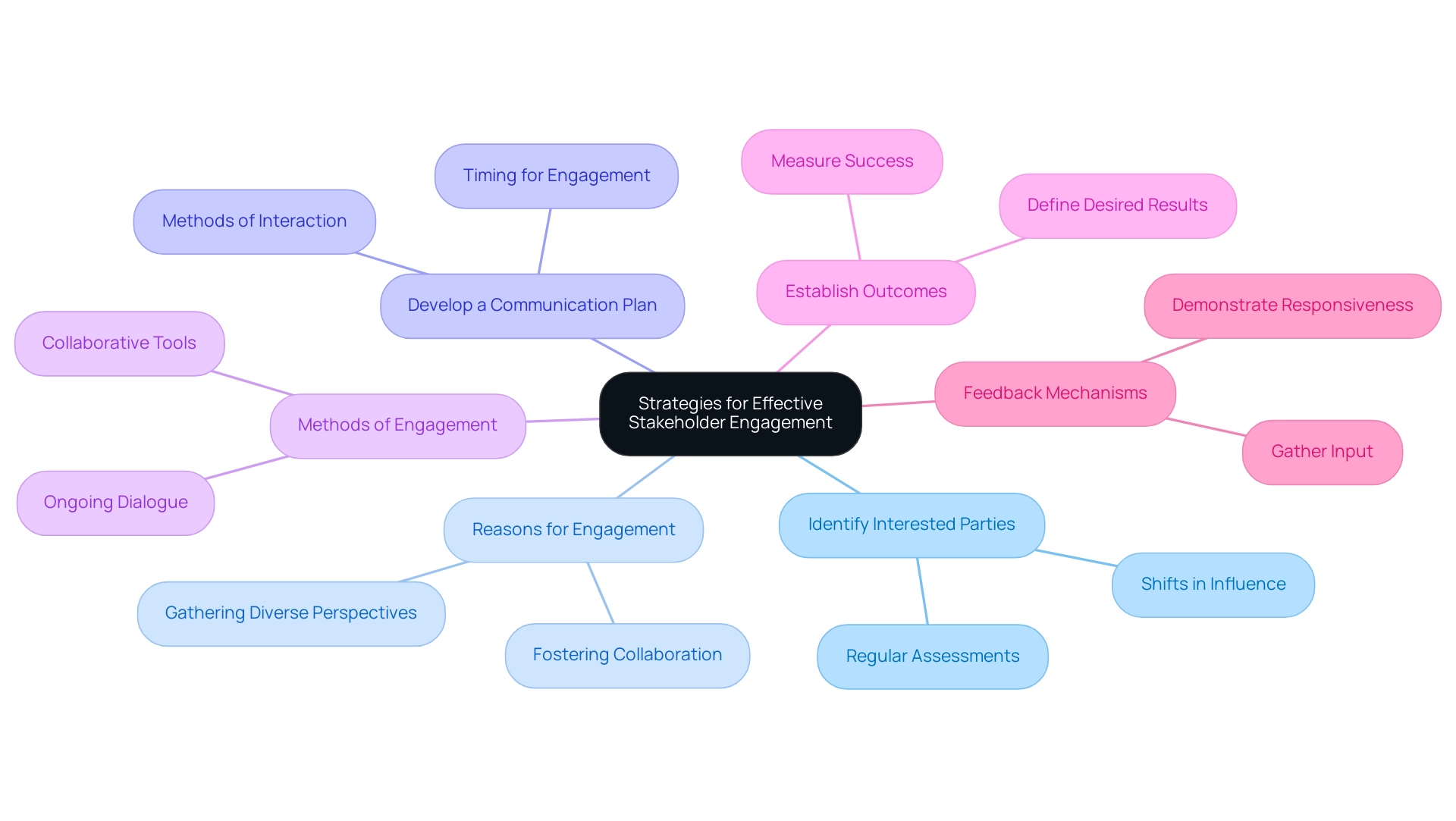 Each branch represents a strategy for stakeholder engagement, with colors differentiating each strategy for easy identification.