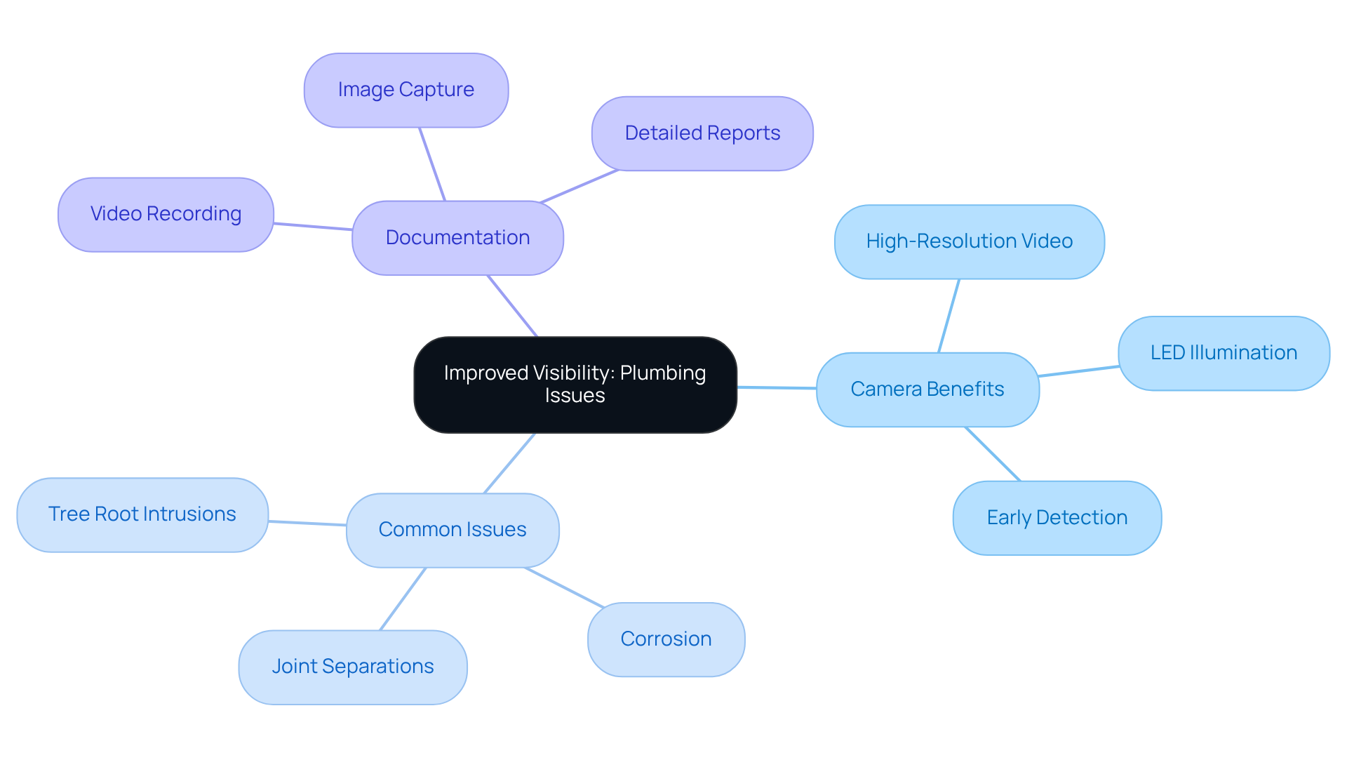 The center of the mindmap shows the main topic of improved visibility in plumbing. Each branch represents a different aspect, such as benefits of the camera, specific plumbing issues, and documentation practices. This layout helps you see how everything connects and what each part means.