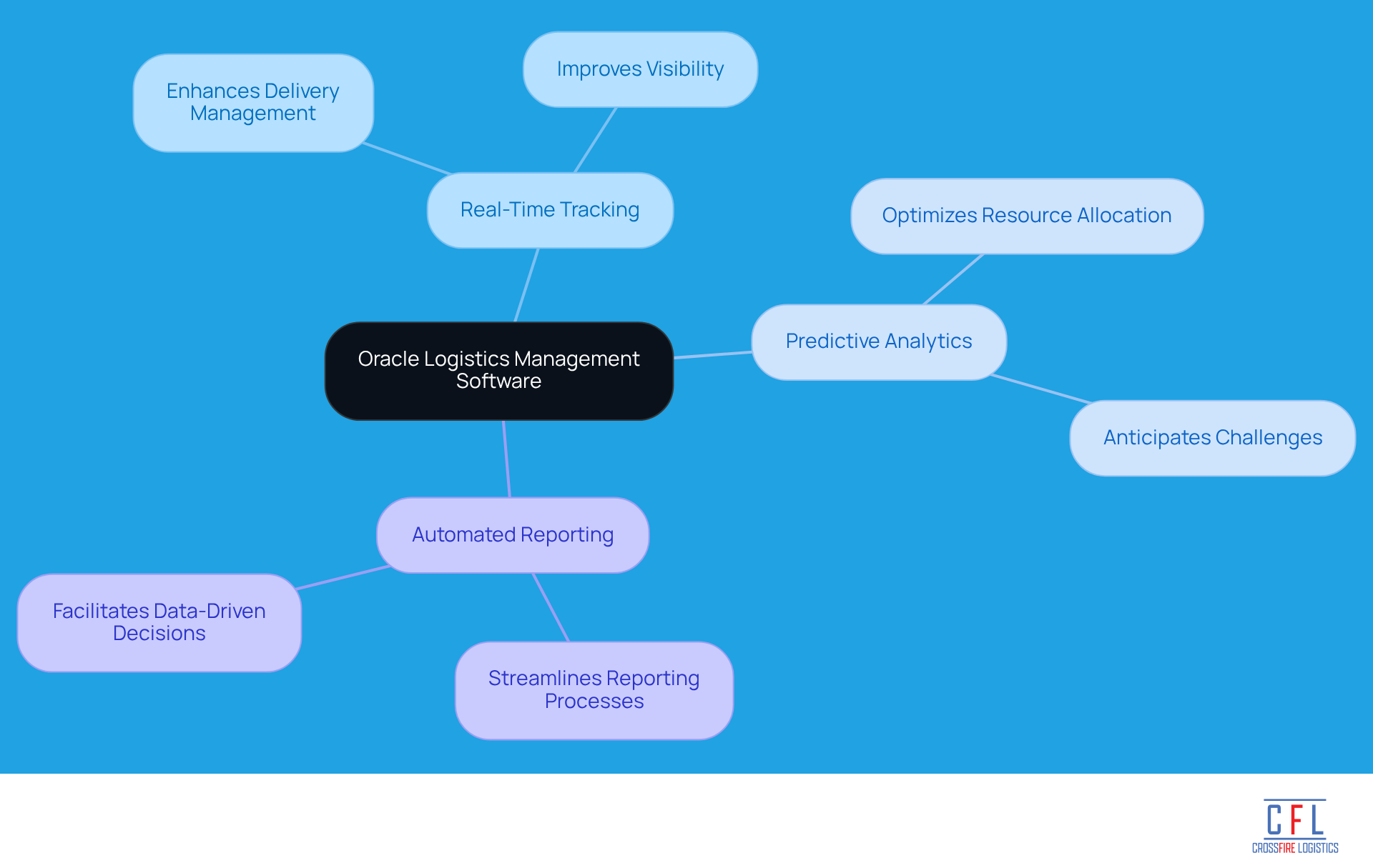 The central node represents the software, while the branches show its key features. Each sub-branch explains how these features contribute to better logistics management.