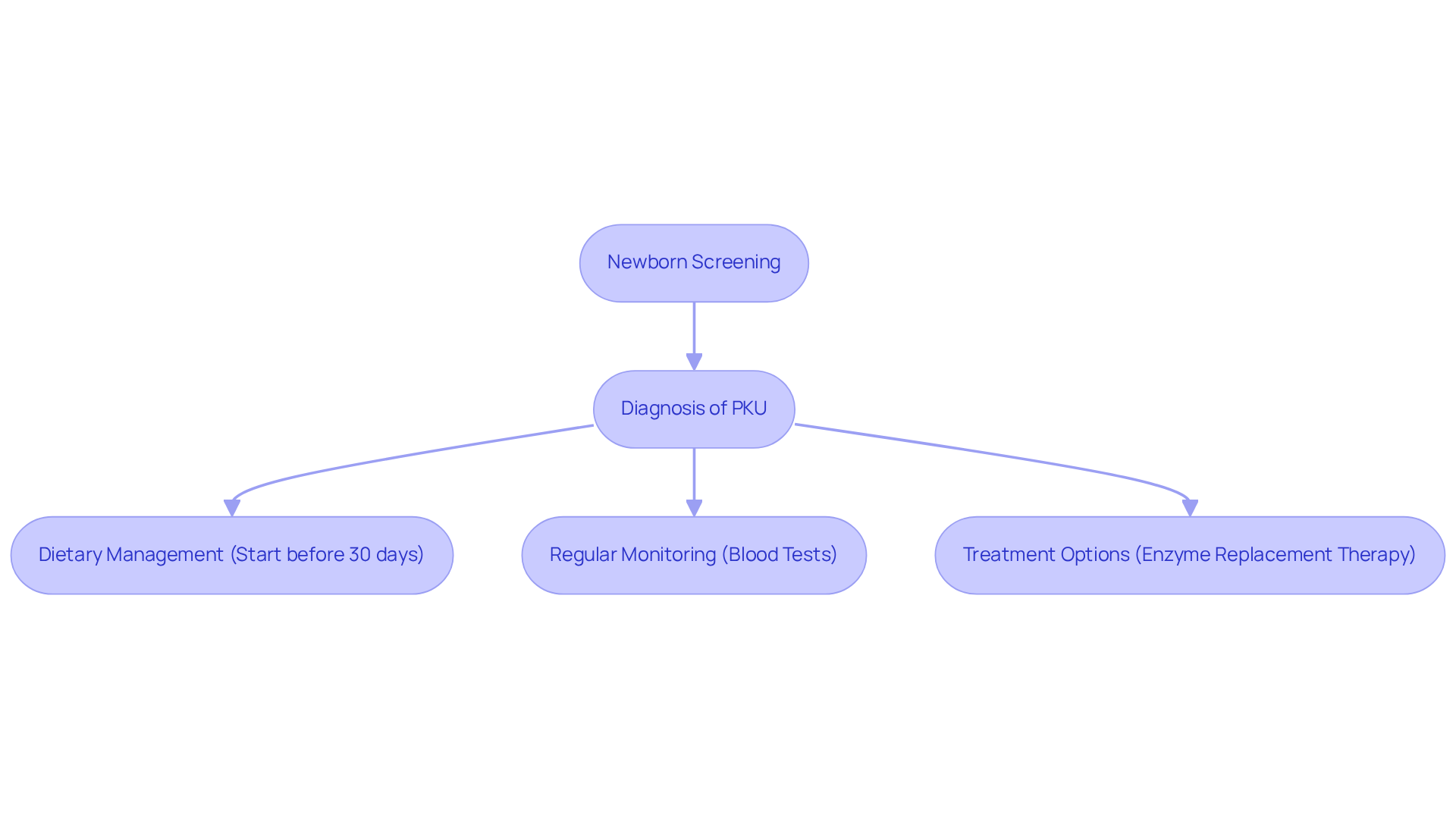 Follow the arrows to see how the management of PKU unfolds, starting from newborn screening to diagnosis, and then to dietary management, monitoring, and treatment options. Each step is crucial for ensuring the best outcomes for children with PKU.