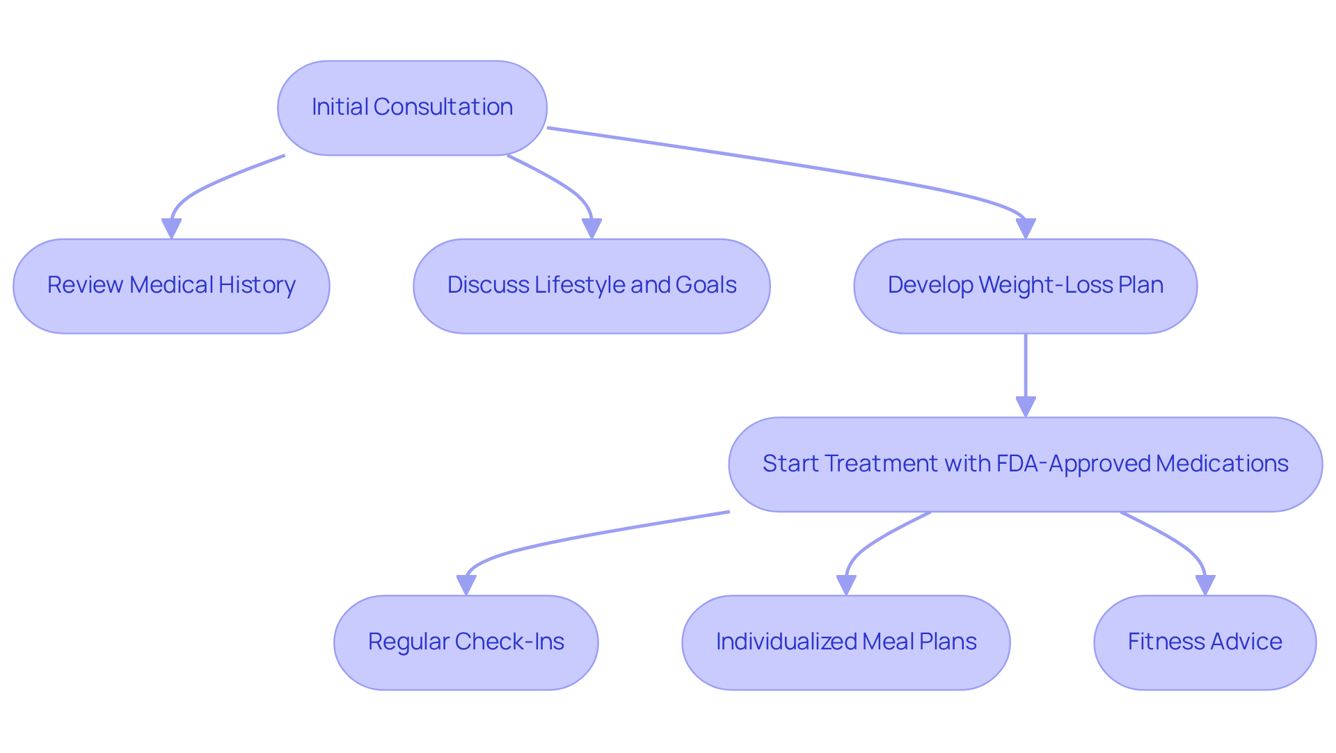 This flowchart outlines the steps you will take on your weight loss journey. Start with the consultation, then follow the arrows to see how each step leads to the next, including support and medication options.