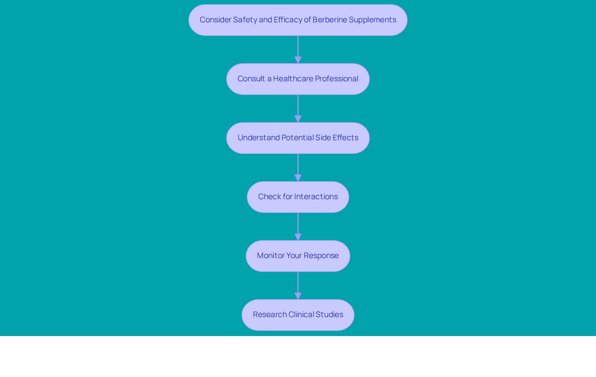 Follow the arrows to see each important step you should take before adding berberine to your routine. Each box represents a key consideration to keep your health on track.