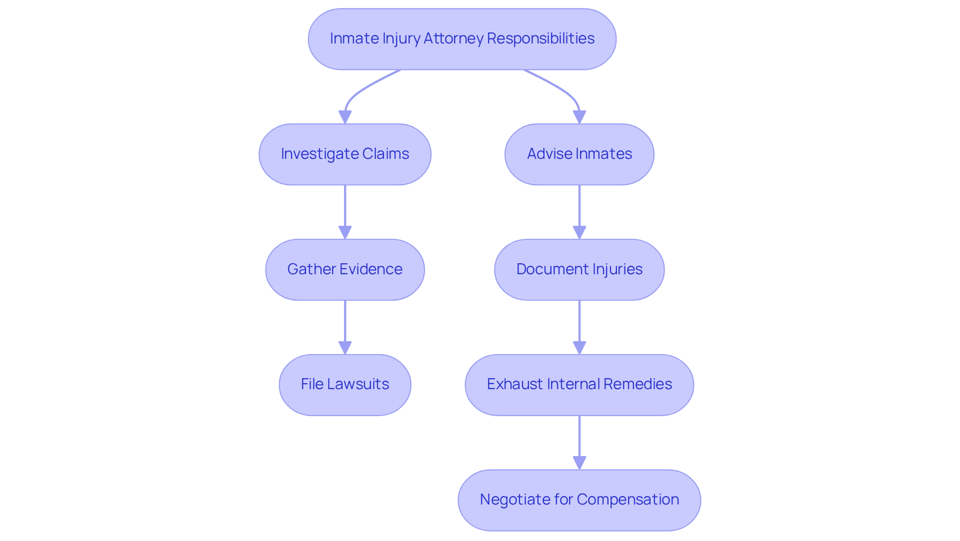 This flowchart shows the key responsibilities of inmate injury attorneys. Each box represents a specific action they take to help their clients. Follow the arrows to see how these actions connect and lead to the overall goal of seeking justice for inmates.