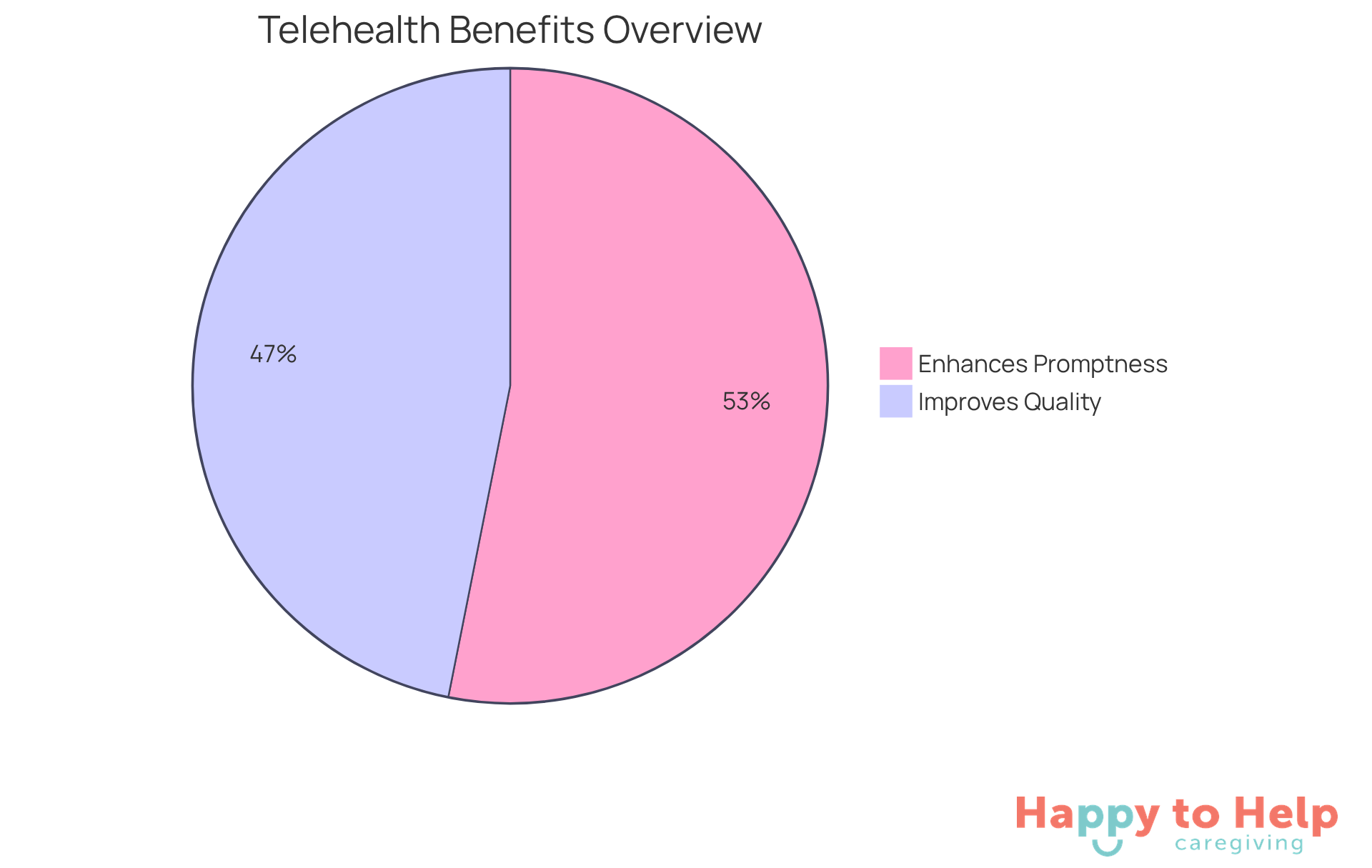 Each slice shows the percentage of physicians who believe telehealth improves care. The blue slice indicates those who see it as enhancing promptness, while the green slice represents those who value the quality of services it provides.