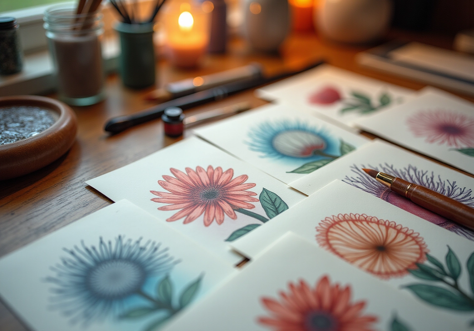 Custom Pod Greeting Cards in an Artist's Workspace