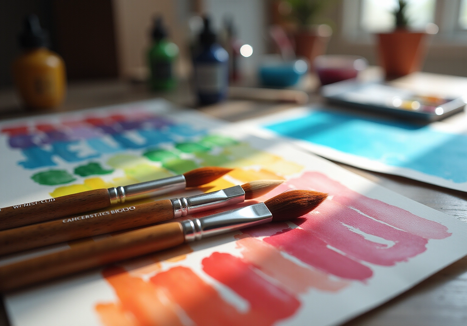 Custom Watercolor Brushes in an Artist's Workspace Custom Watercolor Brushes in an Artist's Workspace