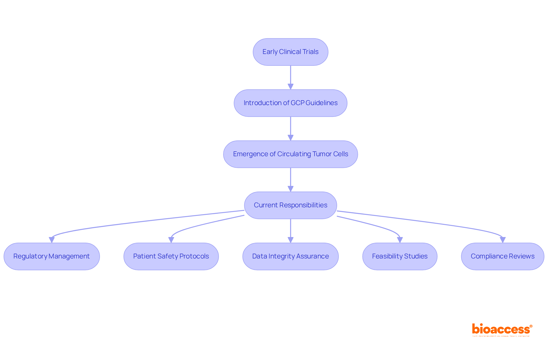 This flowchart shows how the role of clinical trial coordinators has changed over time. Each box represents a key phase or responsibility, and the arrows indicate how these elements connect and build upon each other.