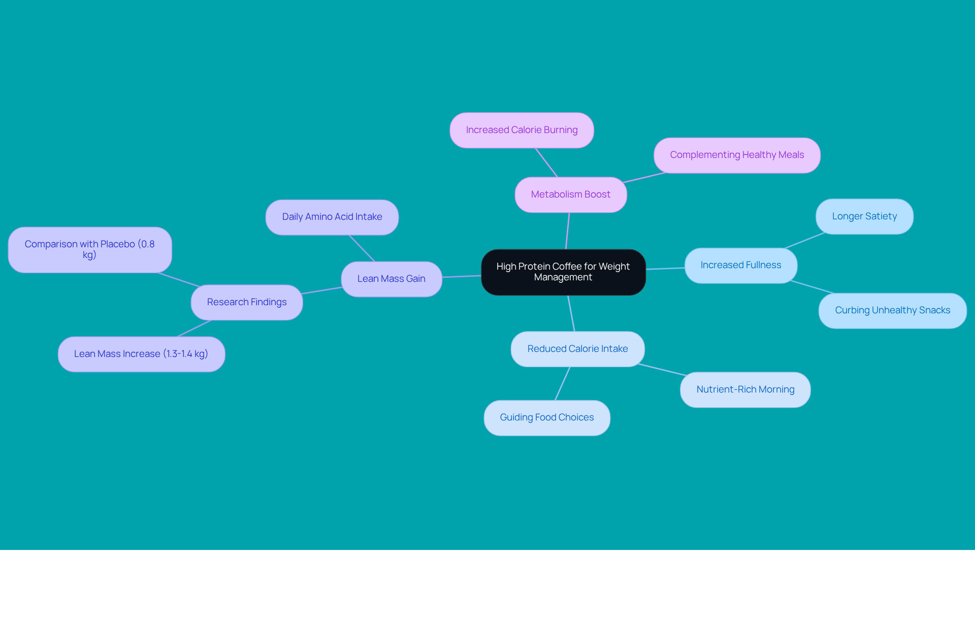 The central node represents high protein coffee, while each branch highlights a benefit. Follow the branches to explore how each aspect contributes to effective weight management.