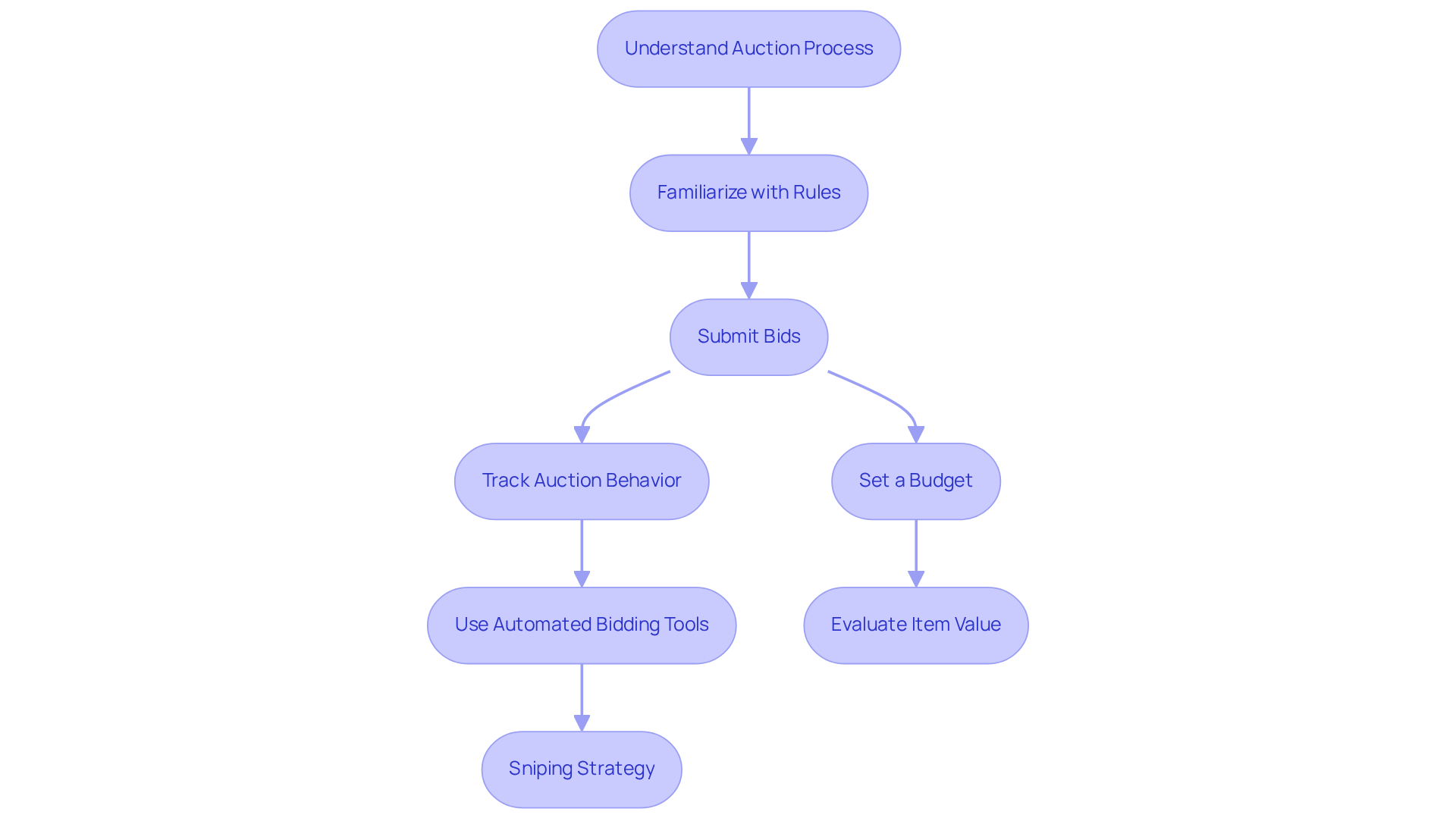 Follow the arrows to see the steps you need to take in the auction process. Each box represents an important action or strategy to help you win those beauty and health products at great prices!