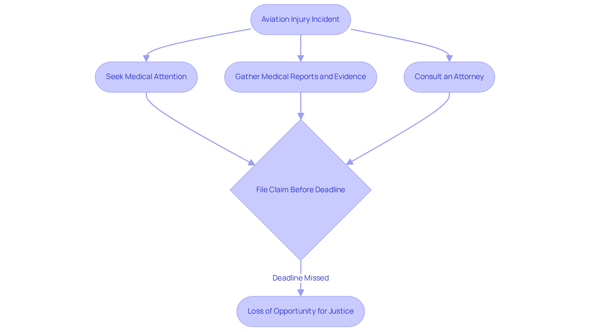 This flowchart shows the steps you should take after an aviation incident. Follow the arrows to see what to do next. If you miss the deadline, it can mean losing your chance for justice, which is shown in red. Make sure to act quickly!