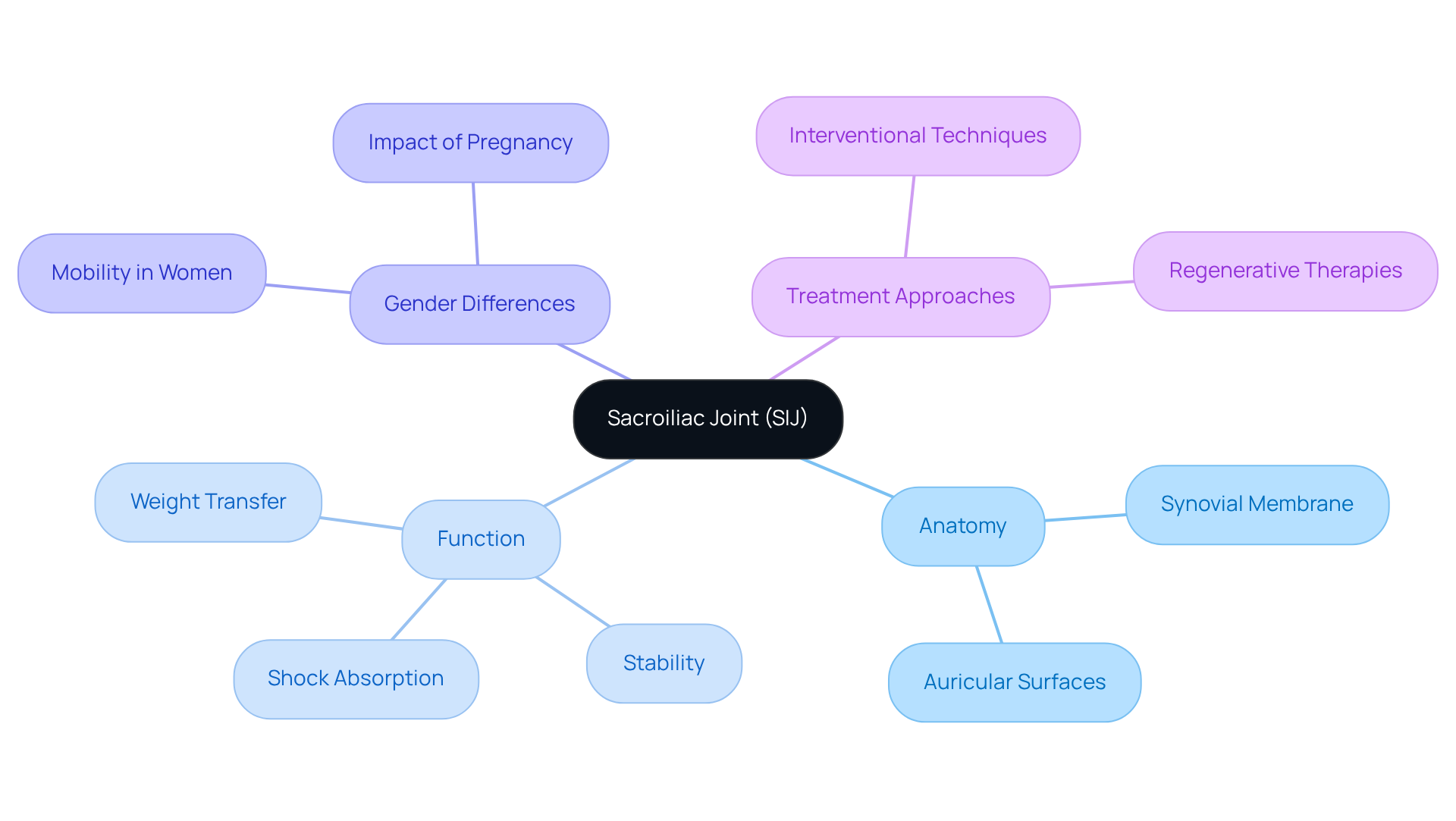 This mindmap illustrates the key aspects of the sacroiliac joint, starting from its central role in the body. Each branch represents a different area of focus, helping you see how anatomy, function, gender differences, and treatment are interconnected. Follow the branches to explore how these elements contribute to understanding and managing lower back pain. This mindmap illustrates the key aspects of the sacroiliac joint, starting from its central role in the body. Each branch represents a different area of focus, helping you see how anatomy, function, gender differences, and treatment are interconnected. Follow the branches to explore how these elements contribute to understanding and managing lower back pain.