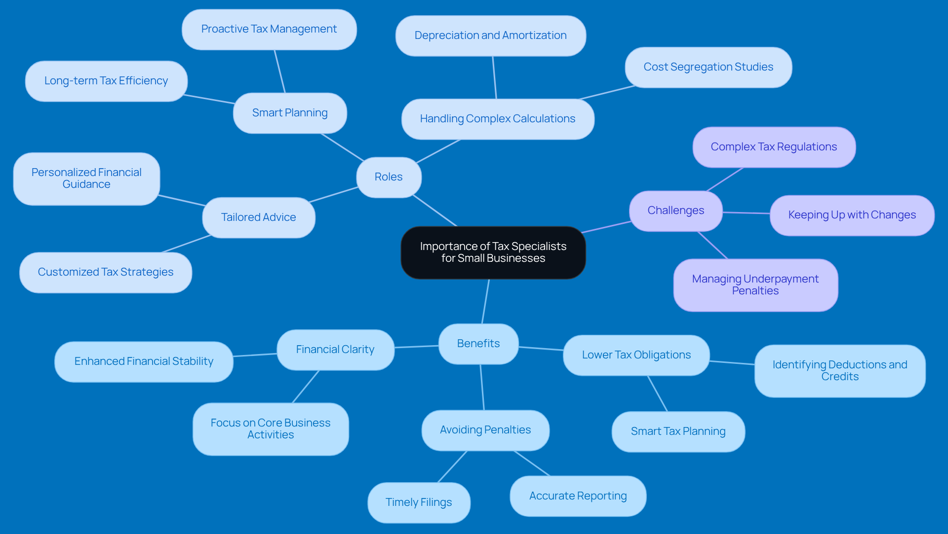 The center shows the main idea, while the branches illustrate the various benefits and roles of tax specialists. Each color-coded branch helps you see how these elements connect to support small businesses.