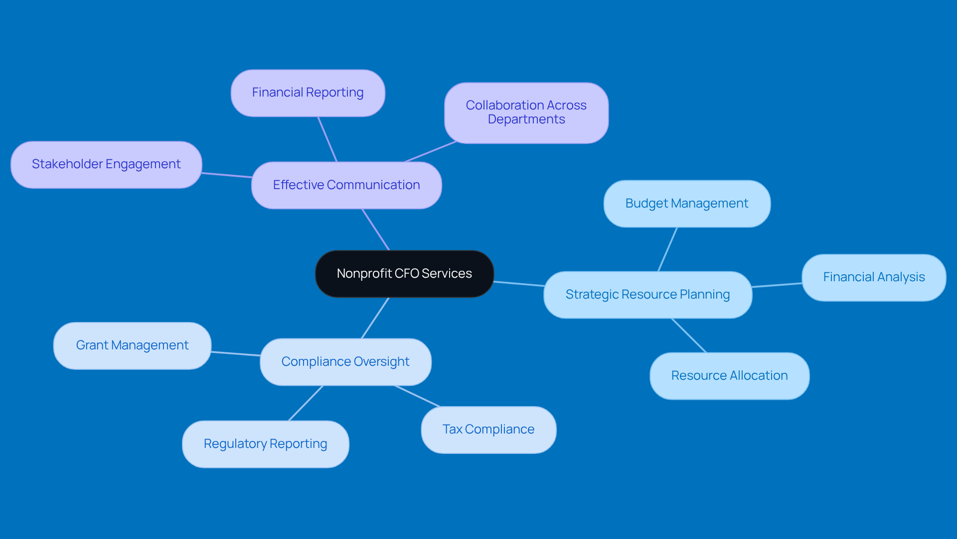 The center represents nonprofit CFO services, with branches showing key traits and their specific functions. Each color-coded branch helps you understand how these traits contribute to the overall role. The center represents nonprofit CFO services, with branches showing key traits and their specific functions. Each color-coded branch helps you understand how these traits contribute to the overall role.
