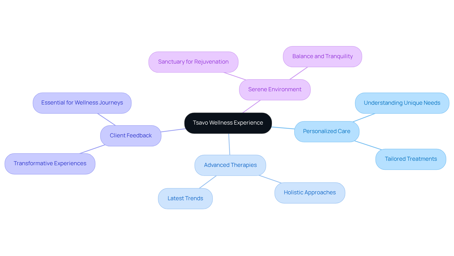 This mindmap shows how different aspects of Tsavo Wellness come together to create a unique experience. The central idea connects to various branches that represent critical elements of their services and client experiences. This mindmap shows how different aspects of Tsavo Wellness come together to create a unique experience. The central idea connects to various branches that represent critical elements of their services and client experiences.