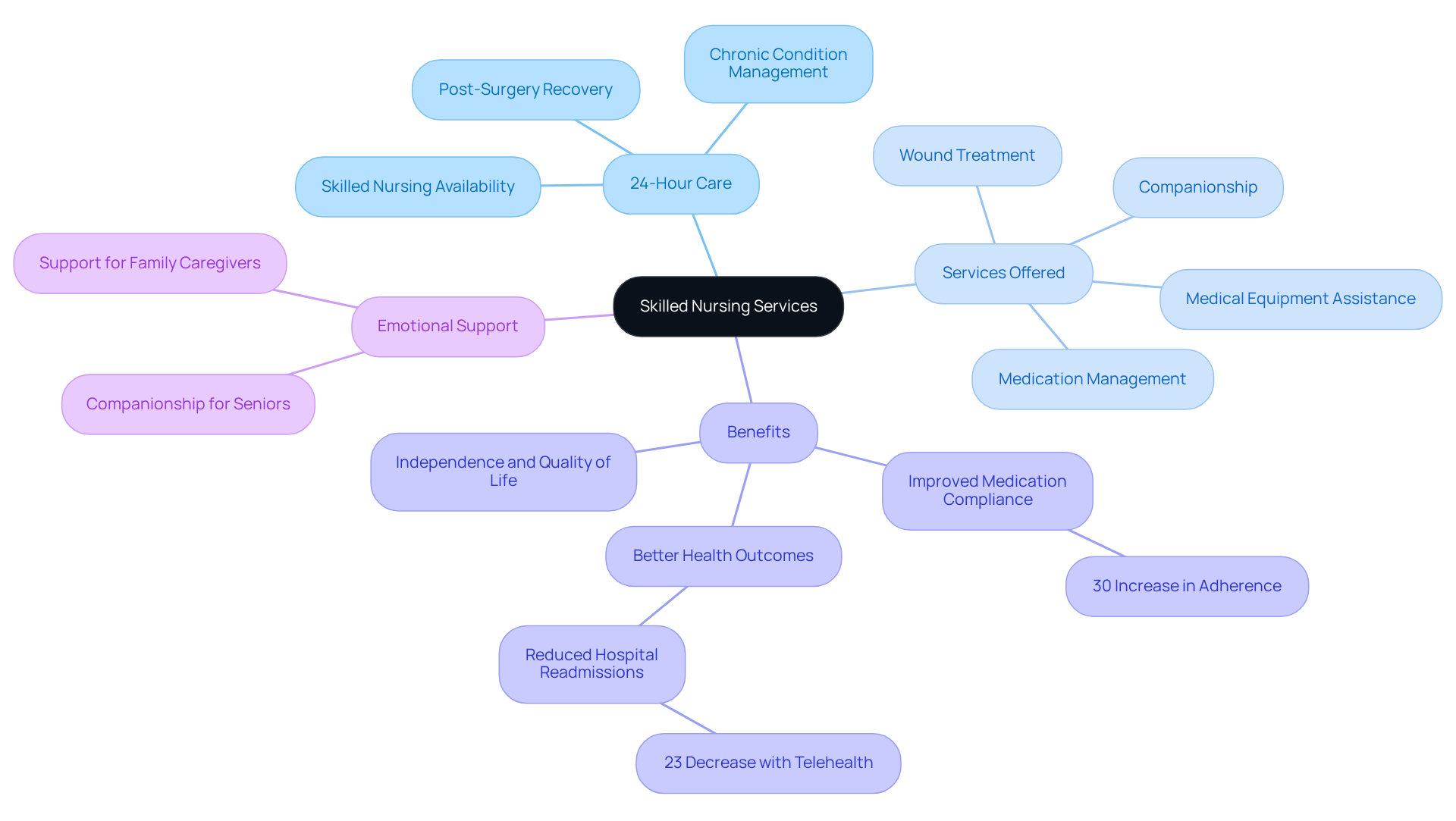 The center represents skilled nursing services, and each branch leads to specific aspects or benefits of the care provided. Color-coded branches make it easy to see how everything connects.