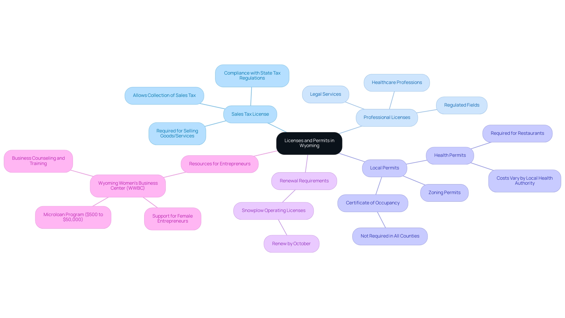 Each branch represents a type of license or permit required for businesses, with sub-branches detailing specific requirements and notes relevant to each category.