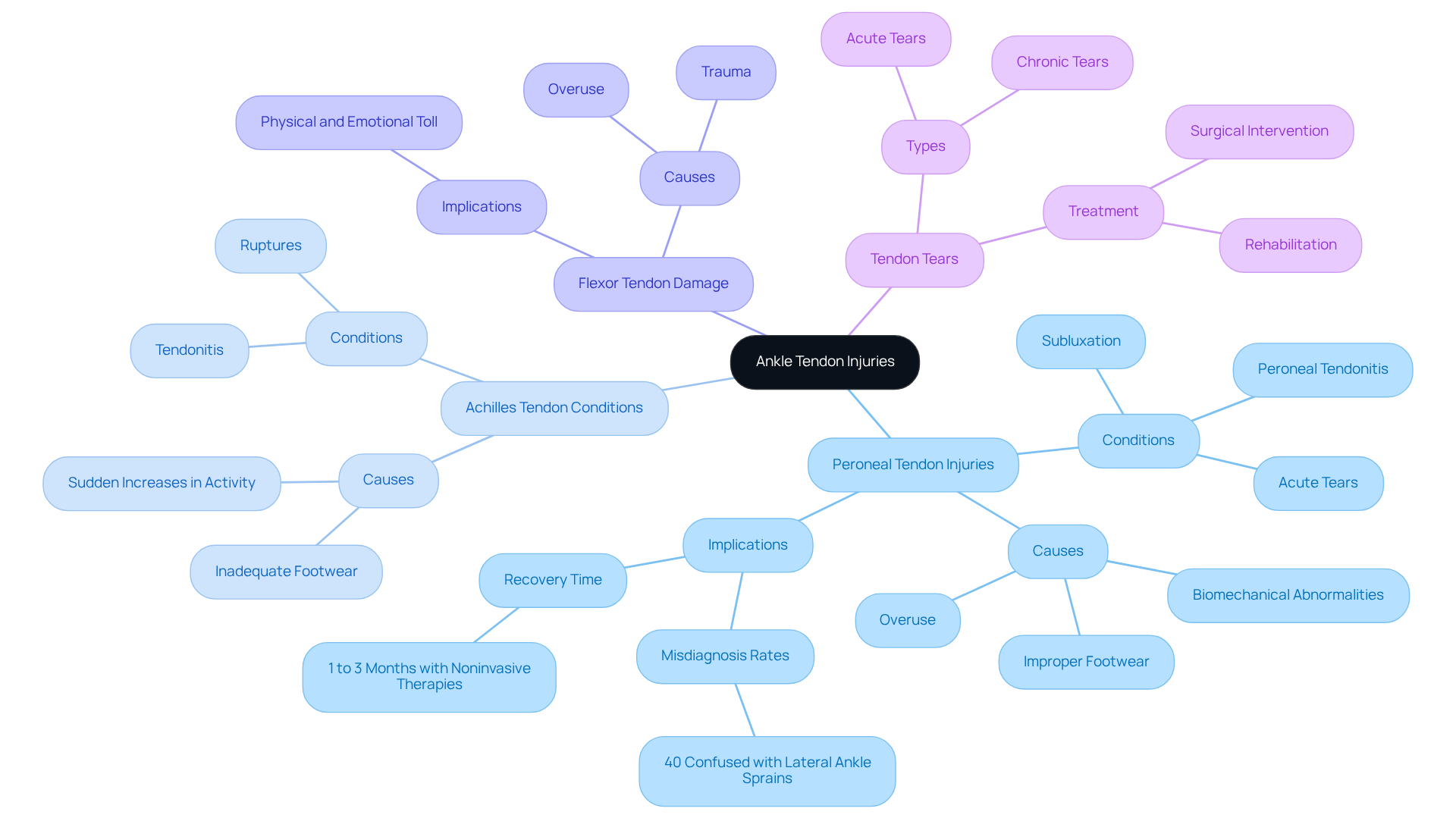The central node represents the overall topic of ankle tendon injuries. Each branch shows a specific type of injury, with further details on causes and characteristics branching out from there. This layout helps you understand how different injuries relate to each other and what factors contribute to them.