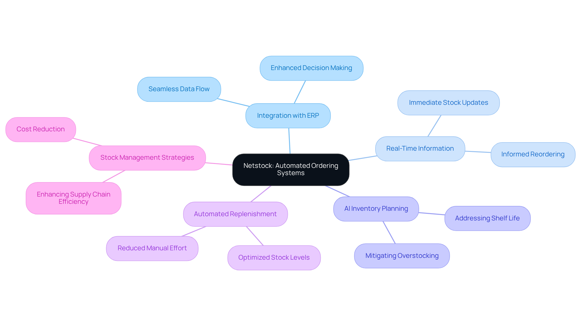 The central node represents Netstock's automated systems, while the branches show how different features contribute to better inventory management. Follow the branches to see how each aspect connects to the overall goal of efficiency.