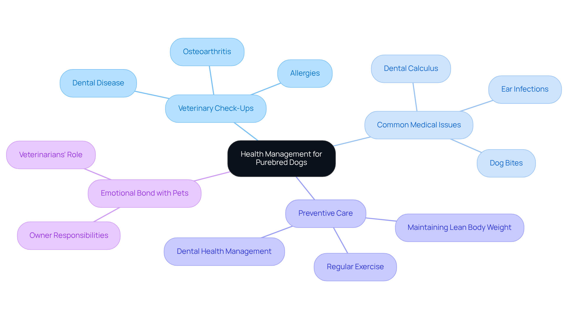 Start at the center with the main topic of health management, then follow the branches to see how different care strategies and health issues are related. Each branch represents an important aspect of caring for your dog, guiding you through the essential components of their well-being. Start at the center with the main topic of health management, then follow the branches to see how different care strategies and health issues are related. Each branch represents an important aspect of caring for your dog, guiding you through the essential components of their well-being.