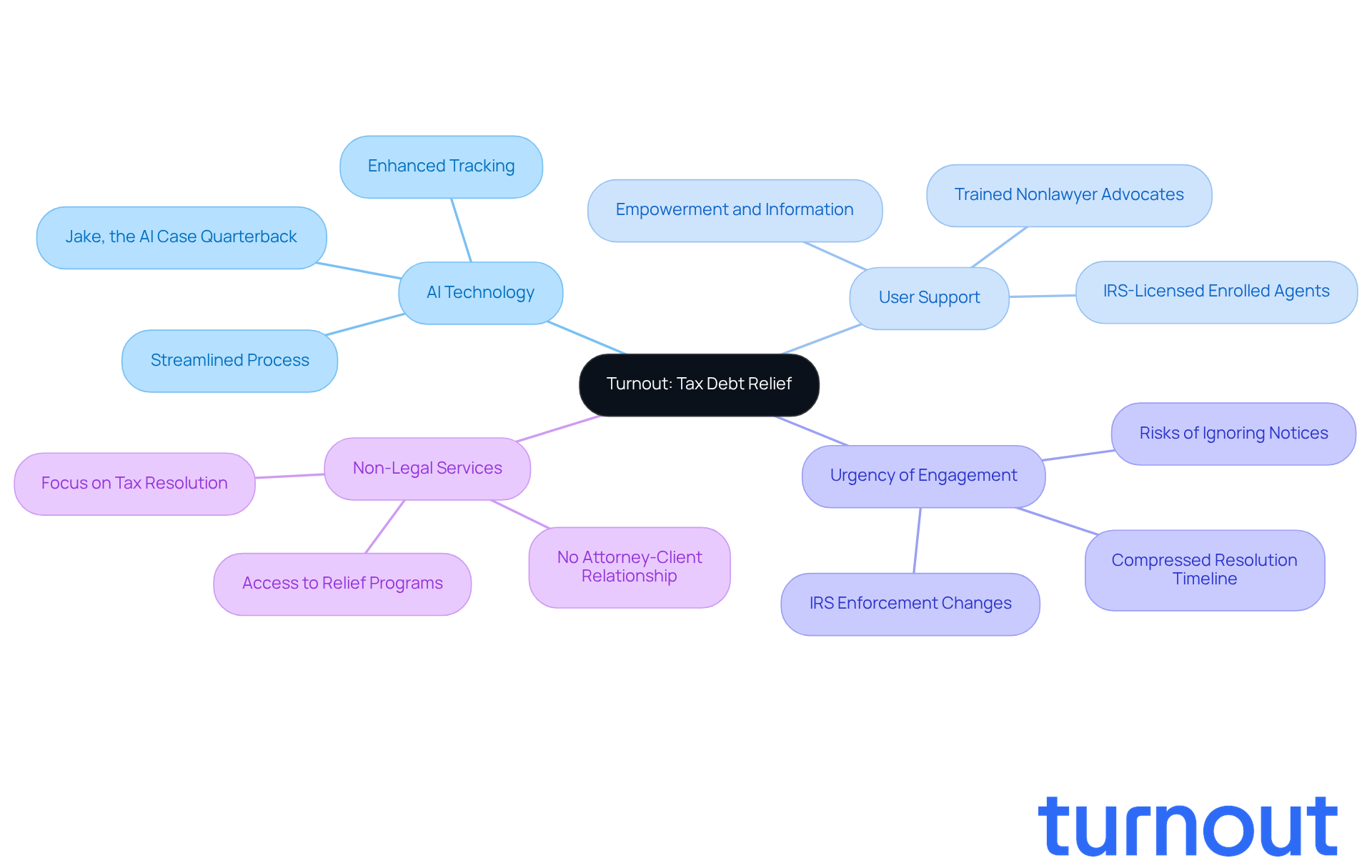 The center represents Turnout's main service, and the branches show how it supports users through technology, advocacy, and the importance of acting quickly on tax issues.